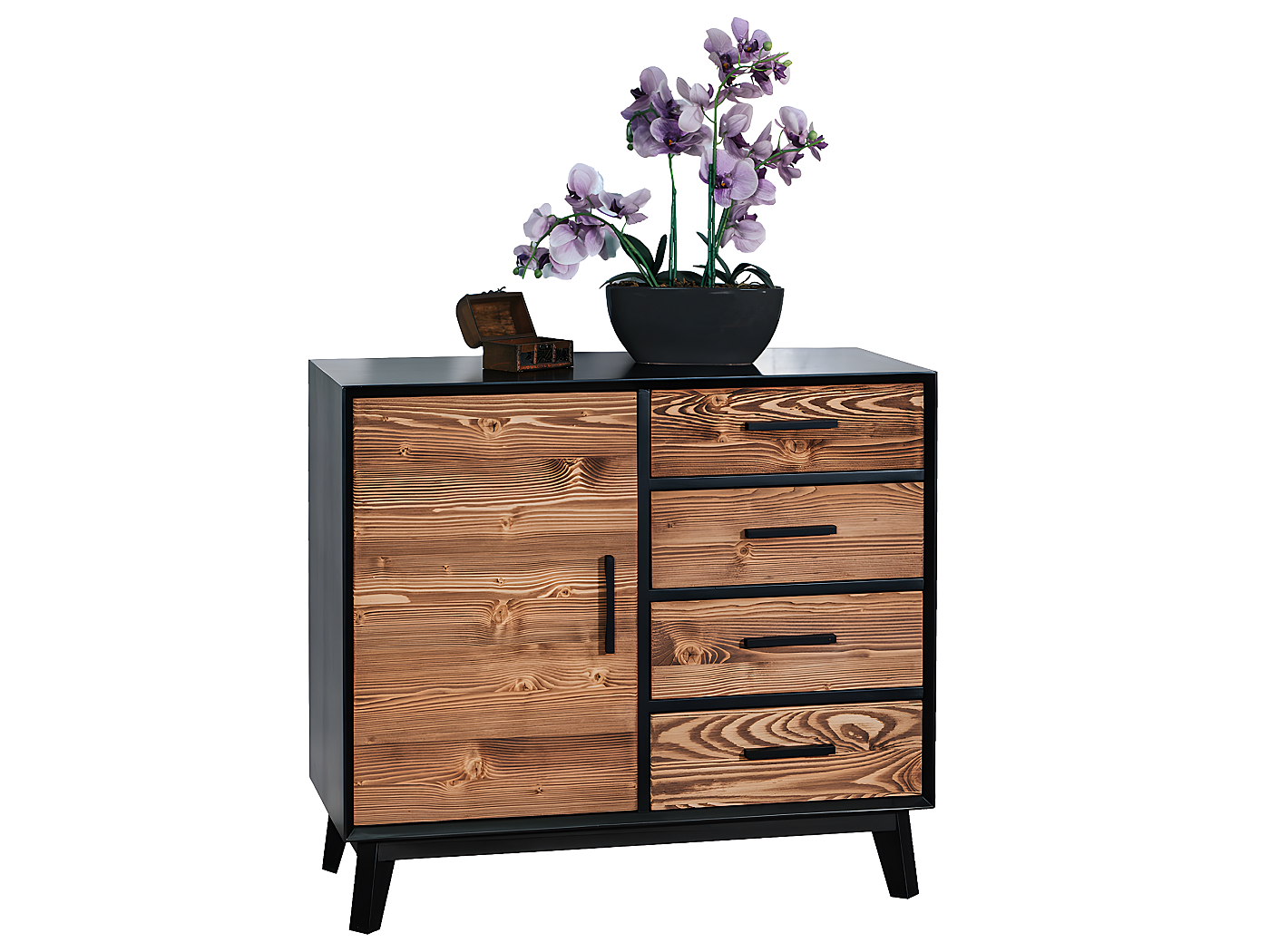 Bahut bas 1 porte 4 tiroirs - Noir et bois