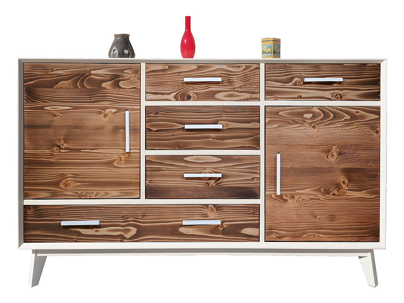 Bahut bas 2 portes 5 tiroirs - Blanc et bois