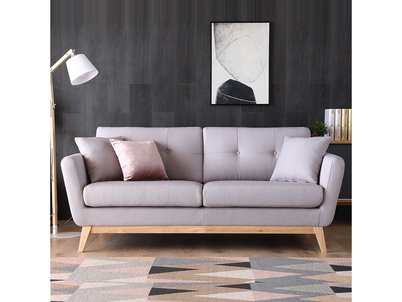 Sofá de estilo escandinavo de 3 plazas gris claro + 2 cojines HOGA