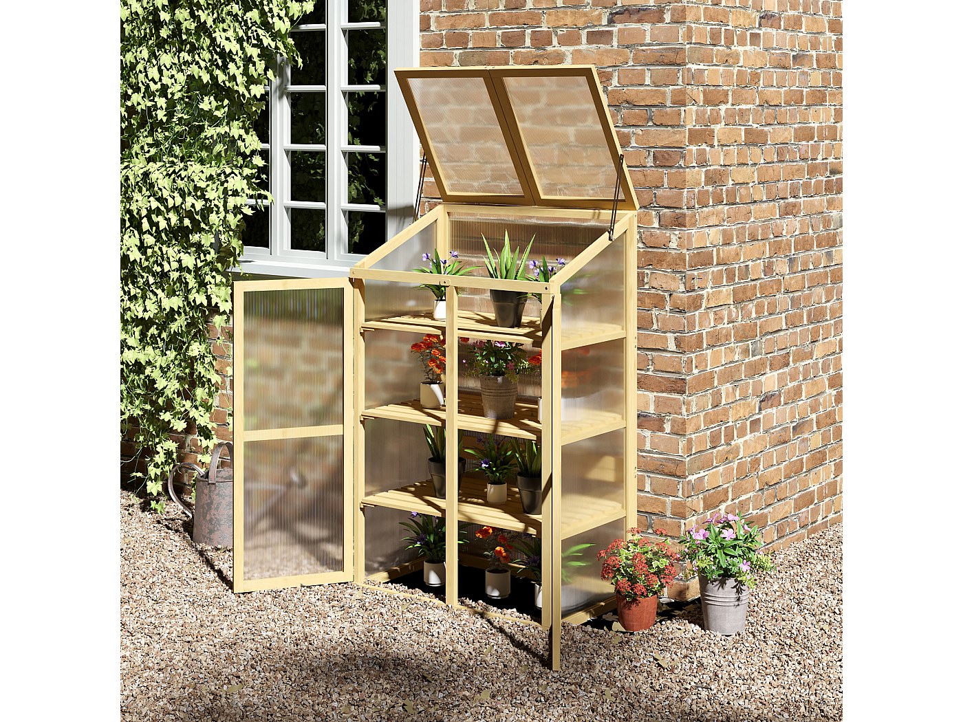 Mini serre de jardin en polycarbonate cadre en bois 3 étagères dim. 80L ...