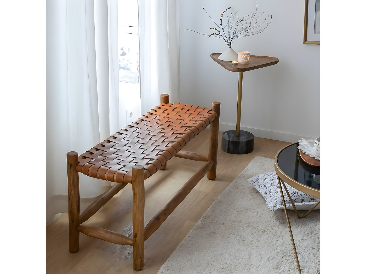 Banc en cuir marron et en bois Zoé