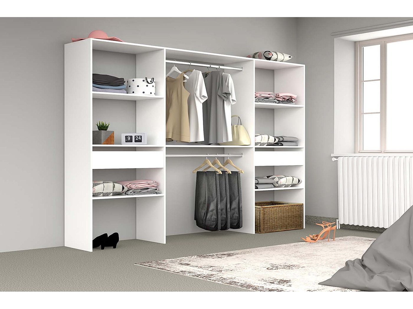 Elysée - Grand dressing avec 2 penderies, 6 étagères et 2 tiroirs blanc