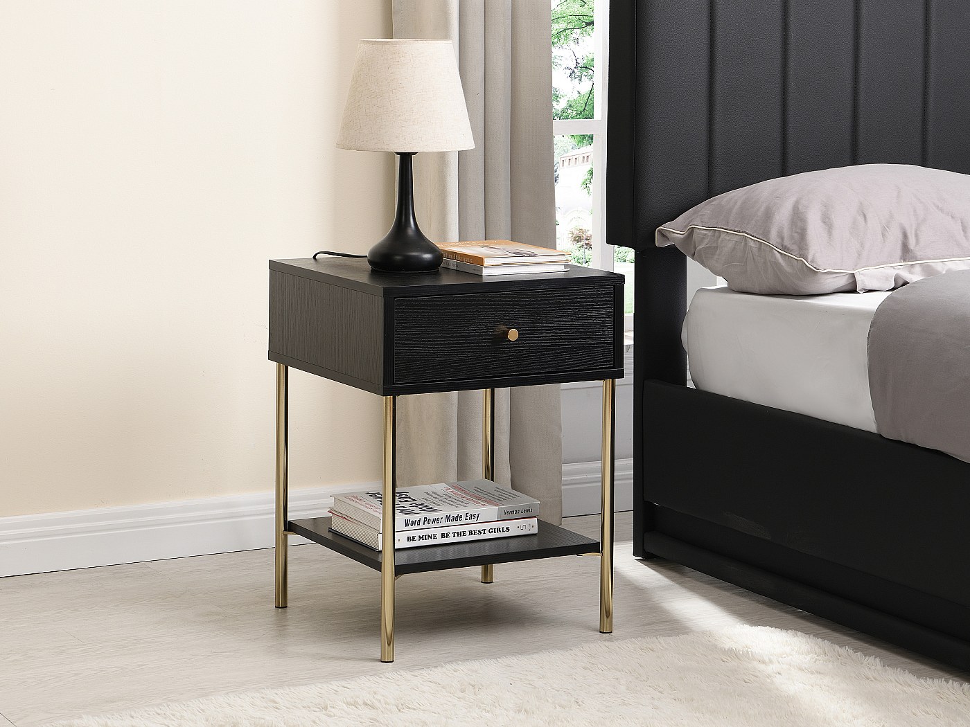 Table de chevet avec 1 tiroir MDF et métal coloris noir et doré - MILAVIA