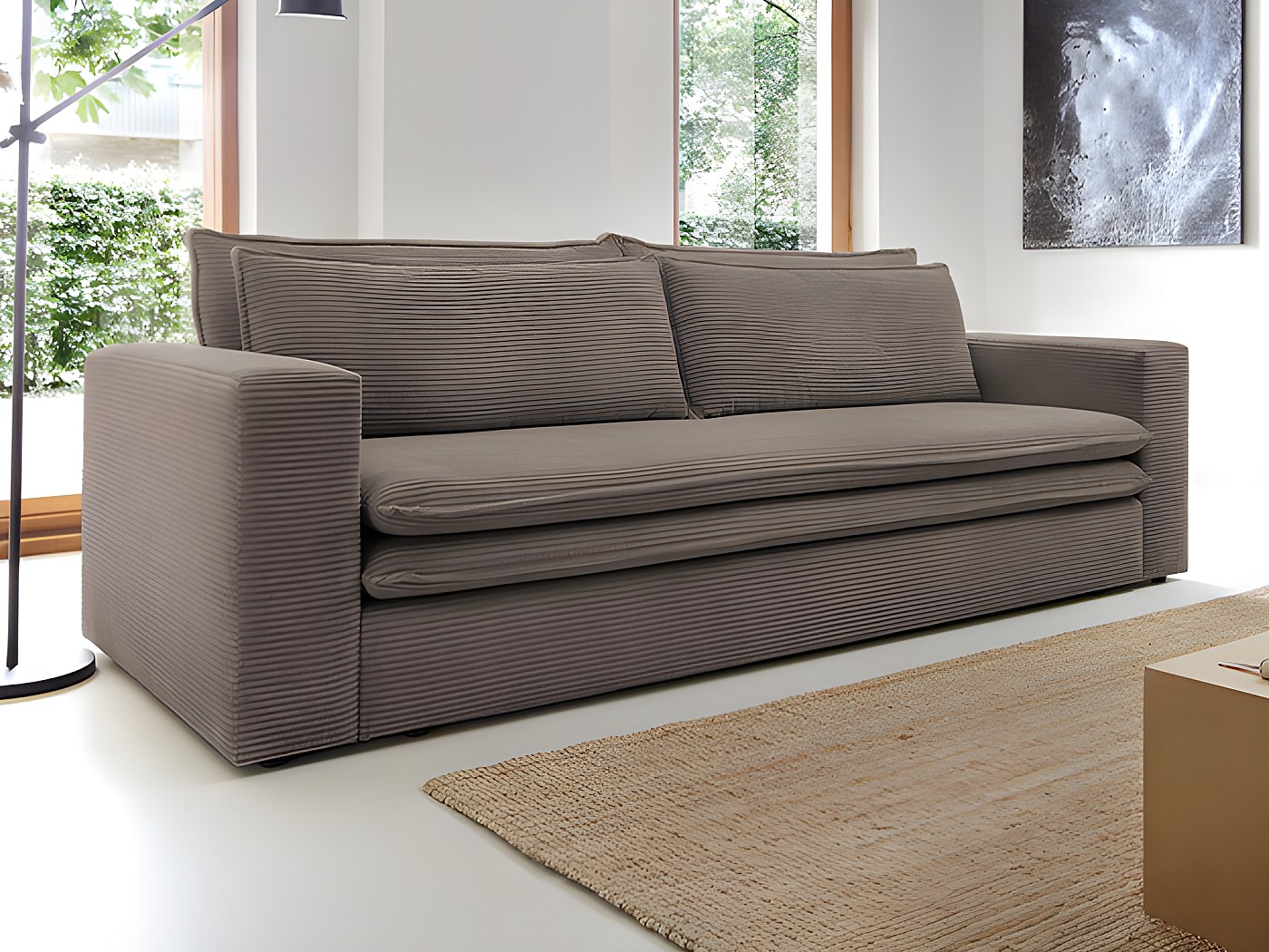 Sofá de 3 lugares convertível em veludo canelado cor taupe TILIA