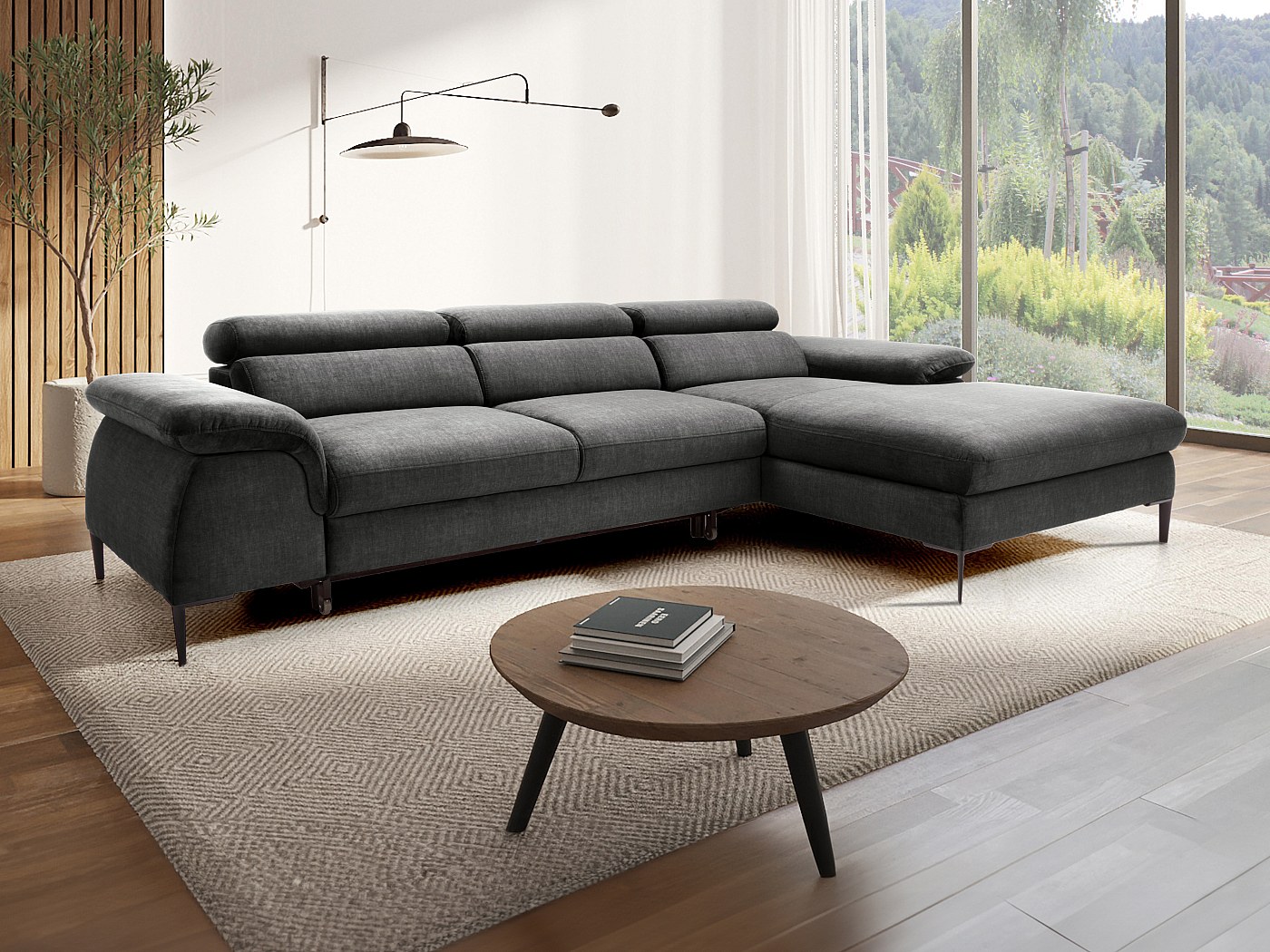 Kanapa narożna prawostronna rozkładana z weluru antracytowa designerska ...