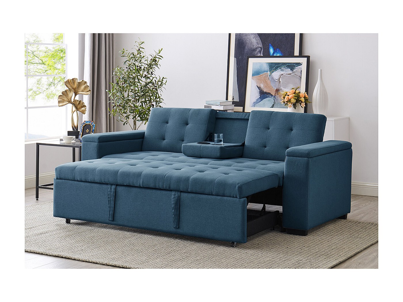 Sofá-Cama Conversível de 3 Lugares em Tecido Azul Petróleo Noho - Moderno e Modular