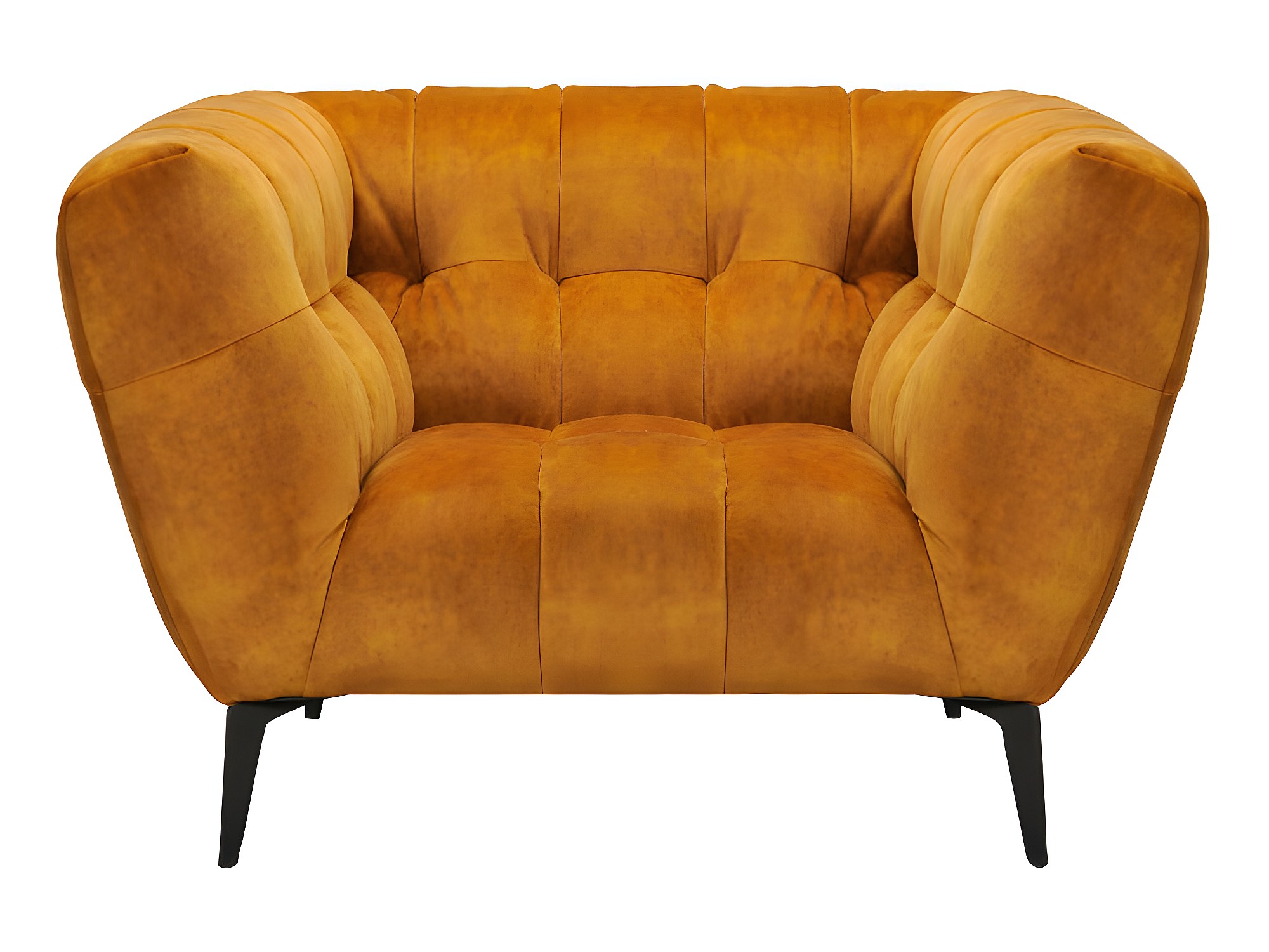 Fauteuil velours moutarde capitonné avec piètement métal noir - BRIO