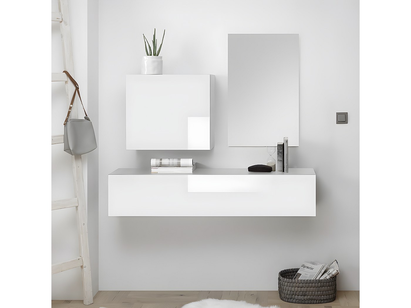 Console suspendue avec rangement mural et miroir Infinity - L130 cm