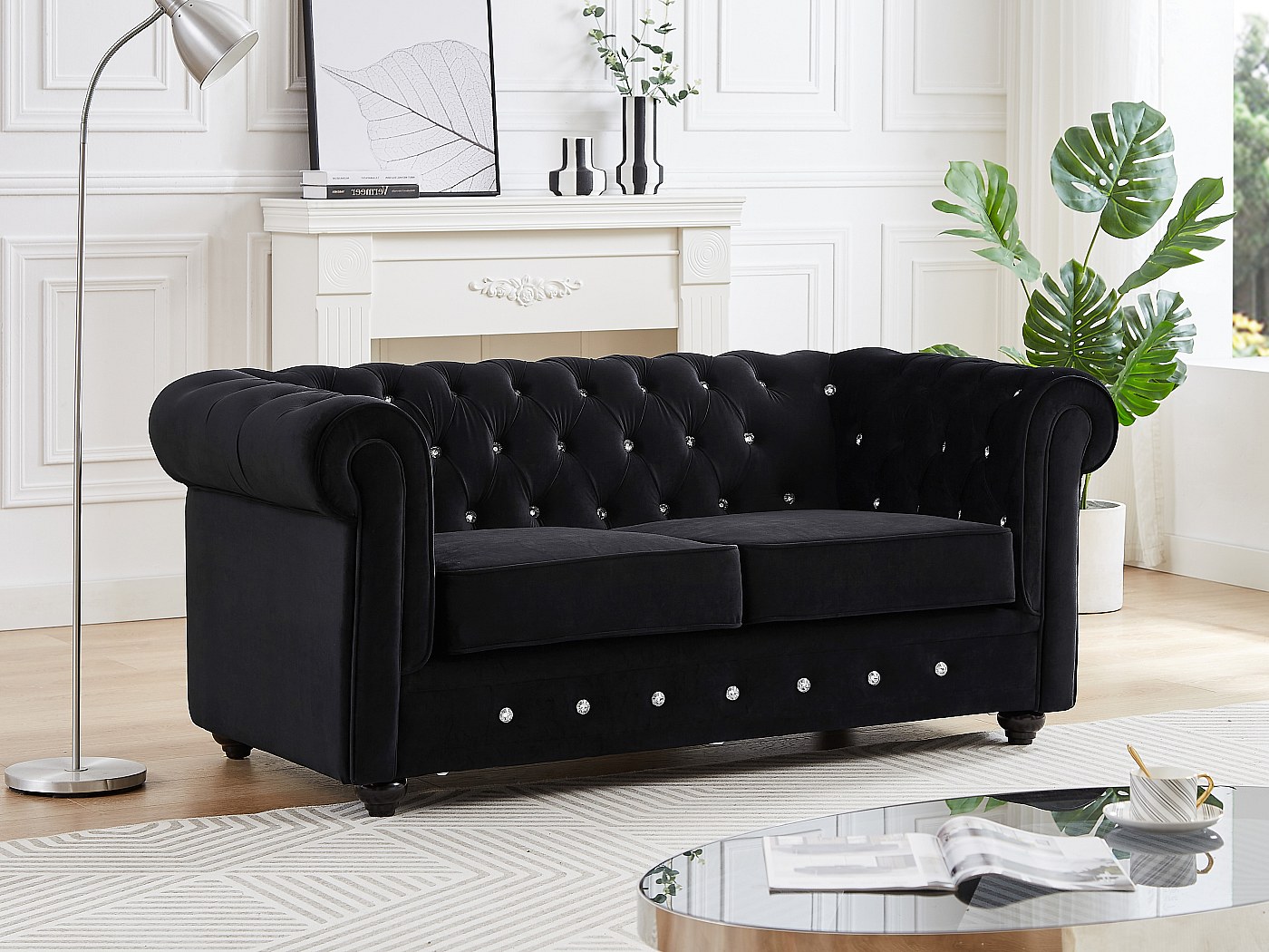 Divano 2 posti in Velluto Nero e bottoni effetto cristallo CHESTERFIELD