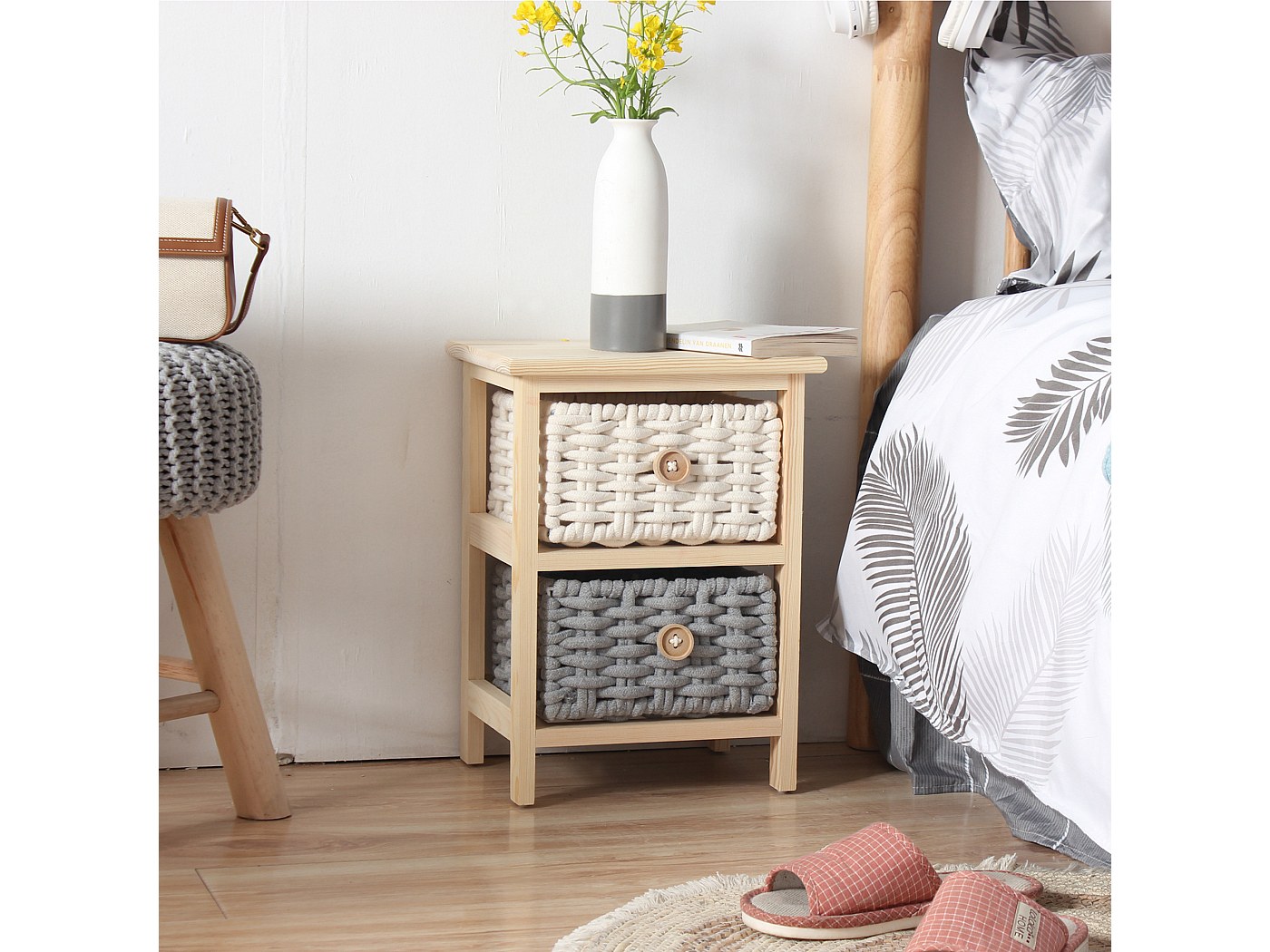 Commode 2 Tiroirs en bois de pin Cotton Beige Gris Chambre à coucher