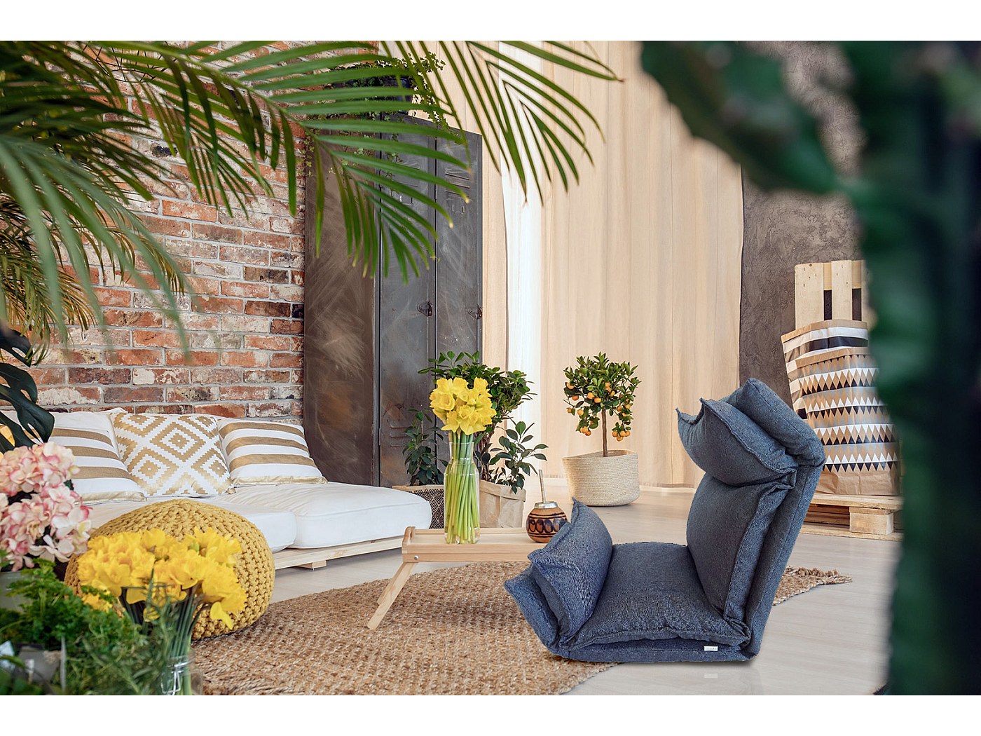 Futon Sillón Yoga Azul Jeans Metal Poliéster Reclinable 70x56x70