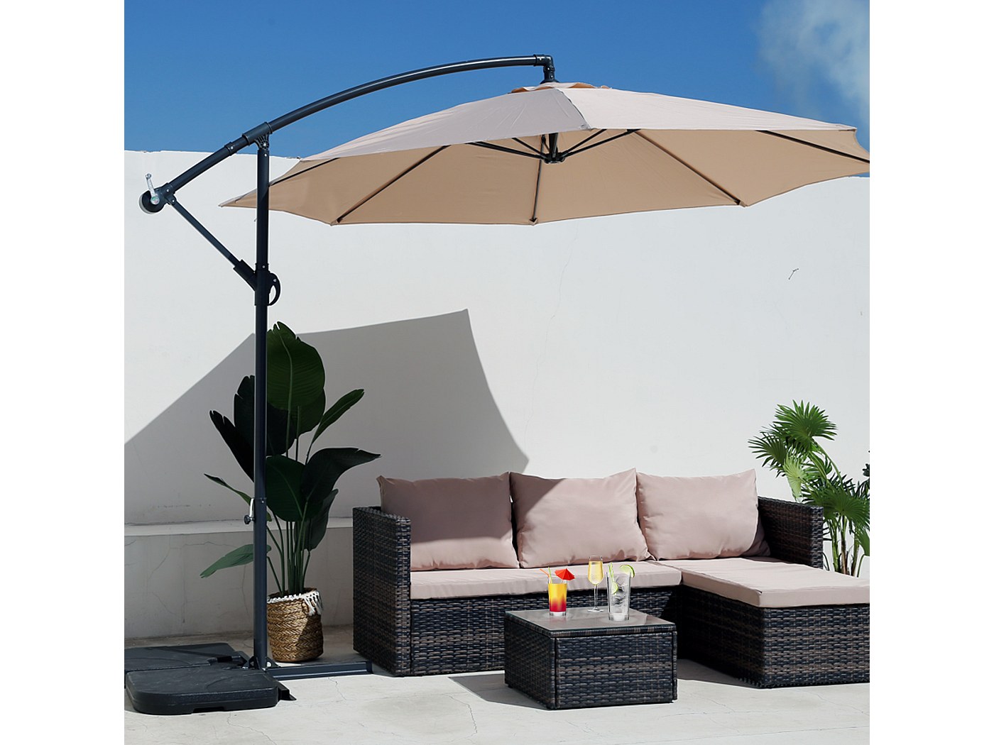 Parapluie de jardin Parasol beige 3x3 mât décentralisér pour piscine