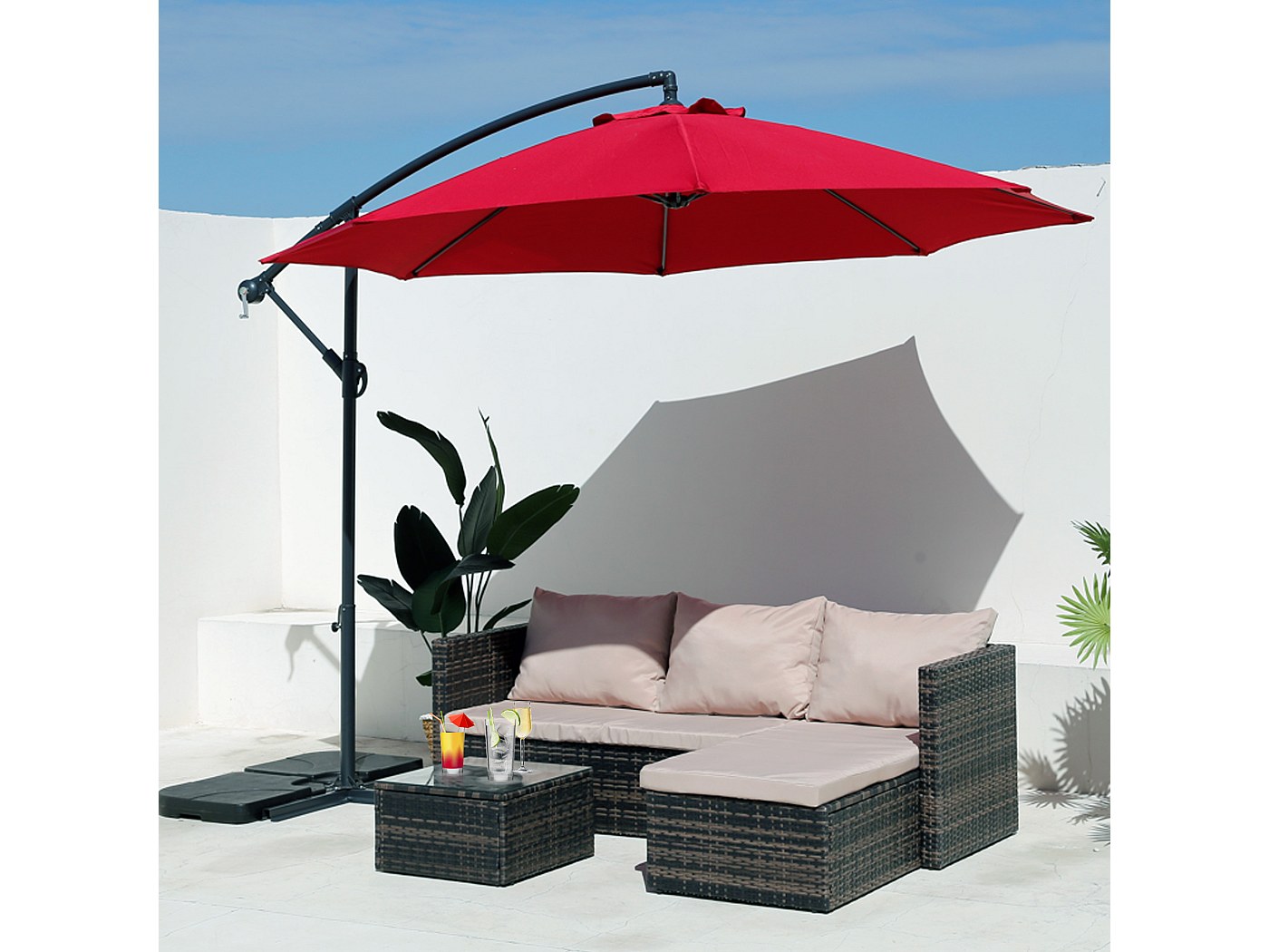 Parapluie de jardin Parasol Rouge 3x3 en Acier Ouverture à manivelle