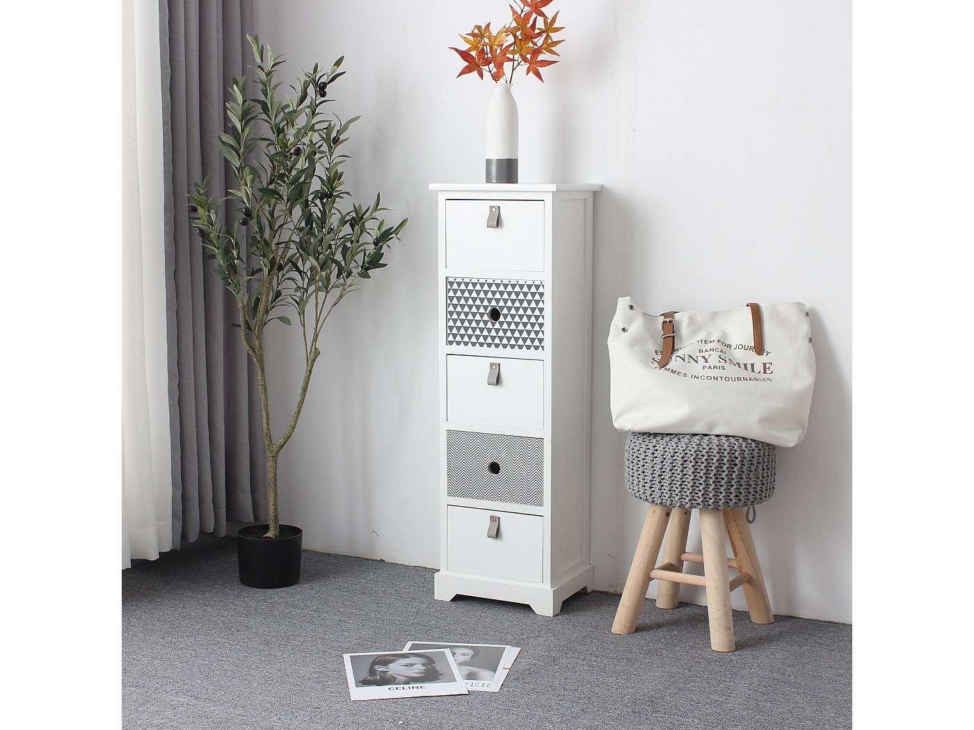 Commode Étroite Table De Chevet Haute 5 Tiroirs Blanc Gris Moderne Bois ...