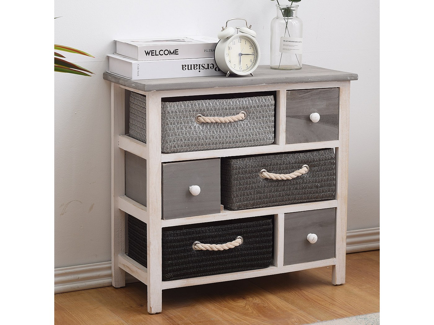 Meuble Commode 6 Tiroir Bois Osier Gris Blanc Rustique 53x56x27