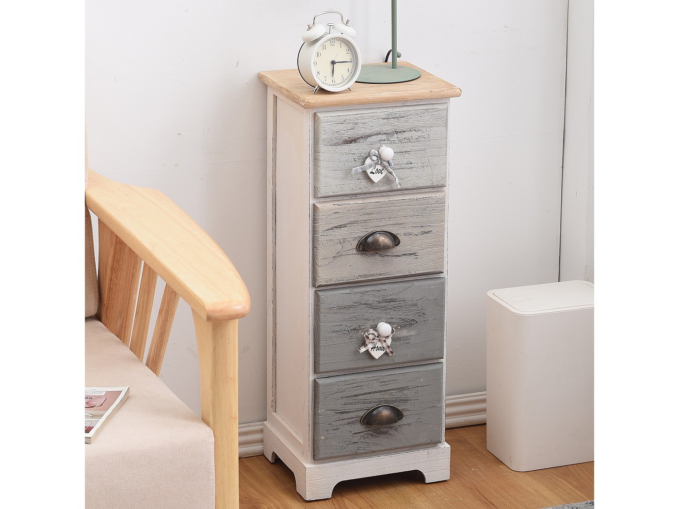 Cassettiera Comodino Bianco 4 Cassetti Colorati Shabby 72x29x25