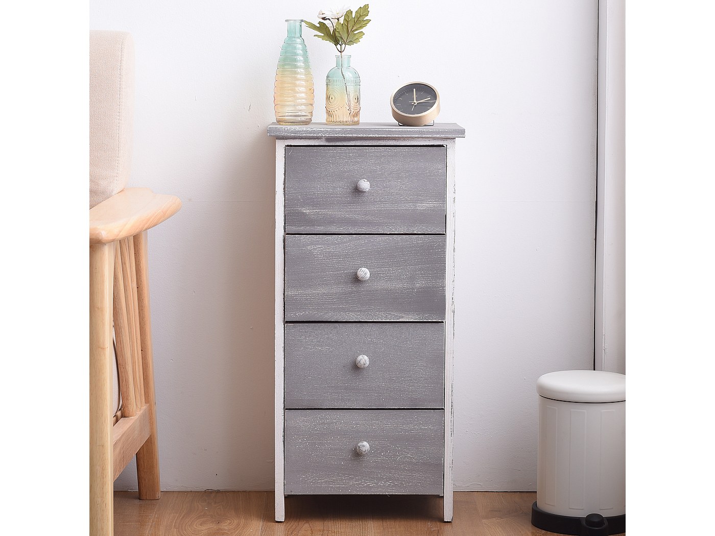 Table De Chevet Commode 4 Tiroirs Bois Gris Blan71x35x25