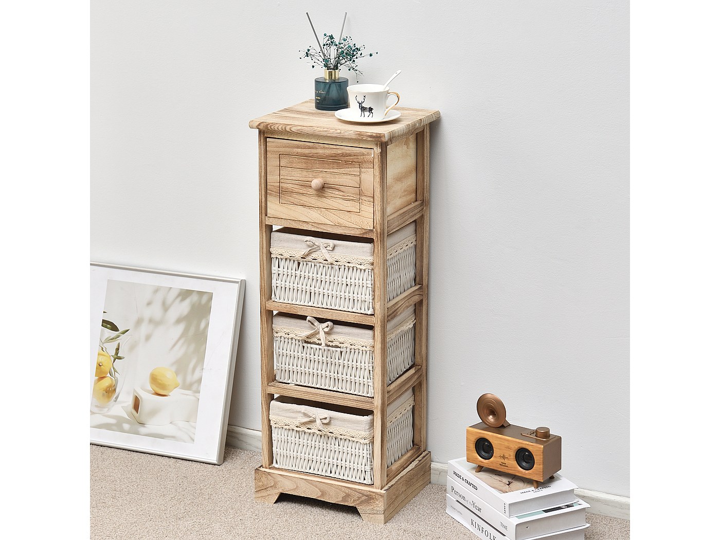 Cómoda 1 Gaveta 3 Cestos Madeira Vime Rústico 81x30x27