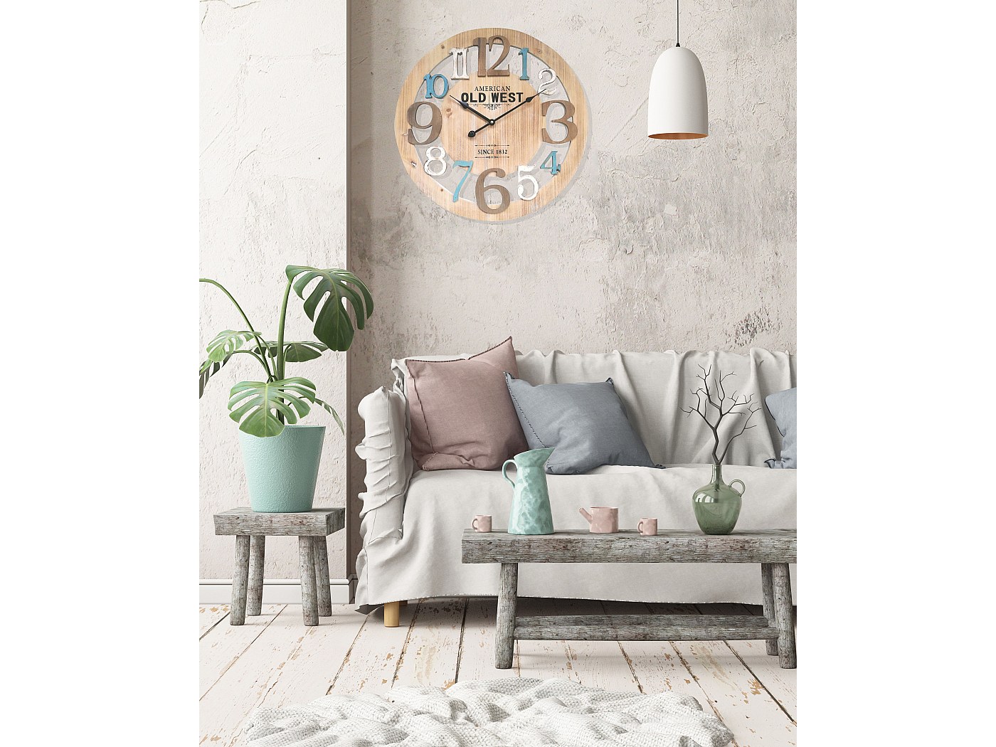 Reloj de Pared Madera Azul Blanco Rustico Redondo 50x50x4,5