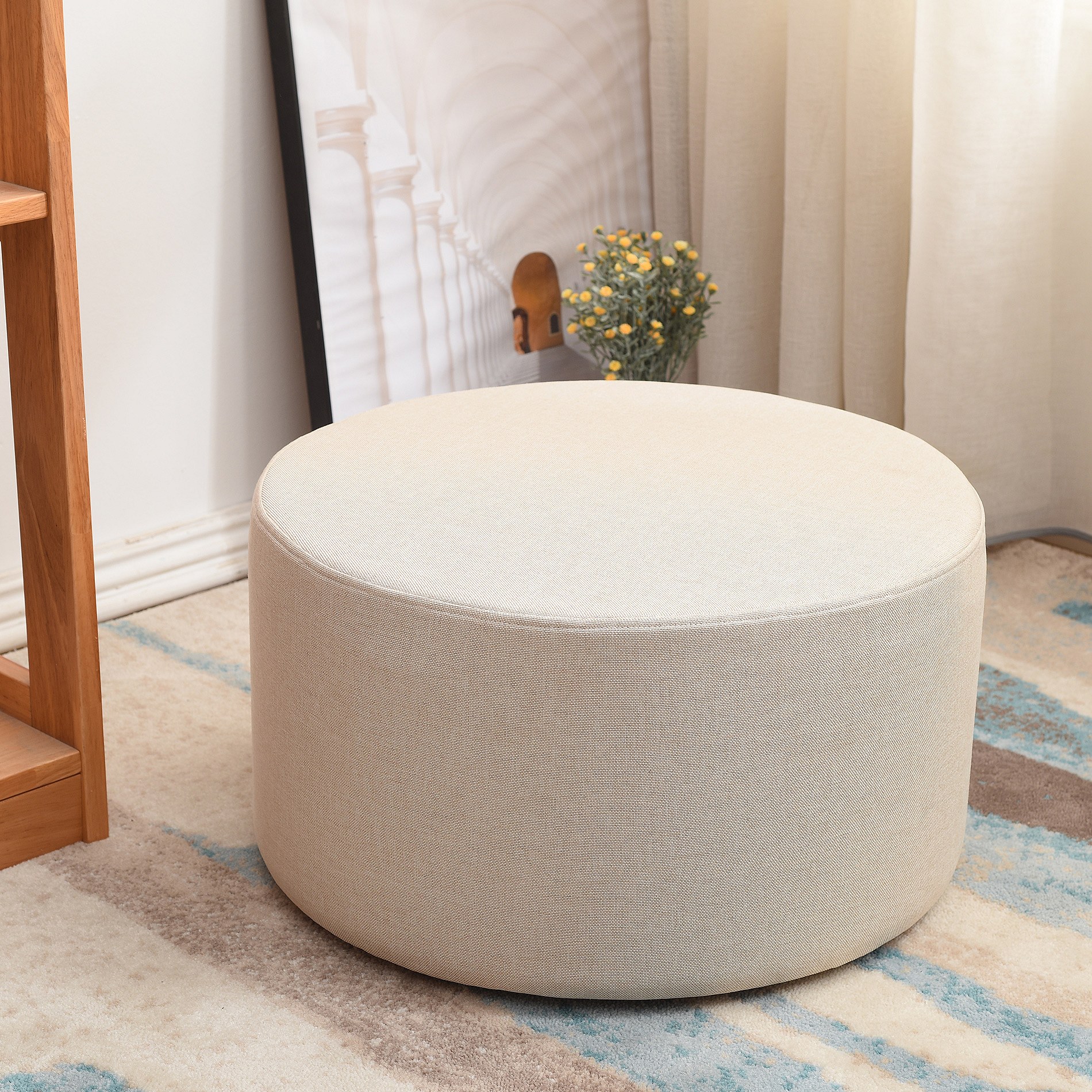 Pouf Pouffe Plat Rond Tissu Beige Maison Vintage 25x45x45