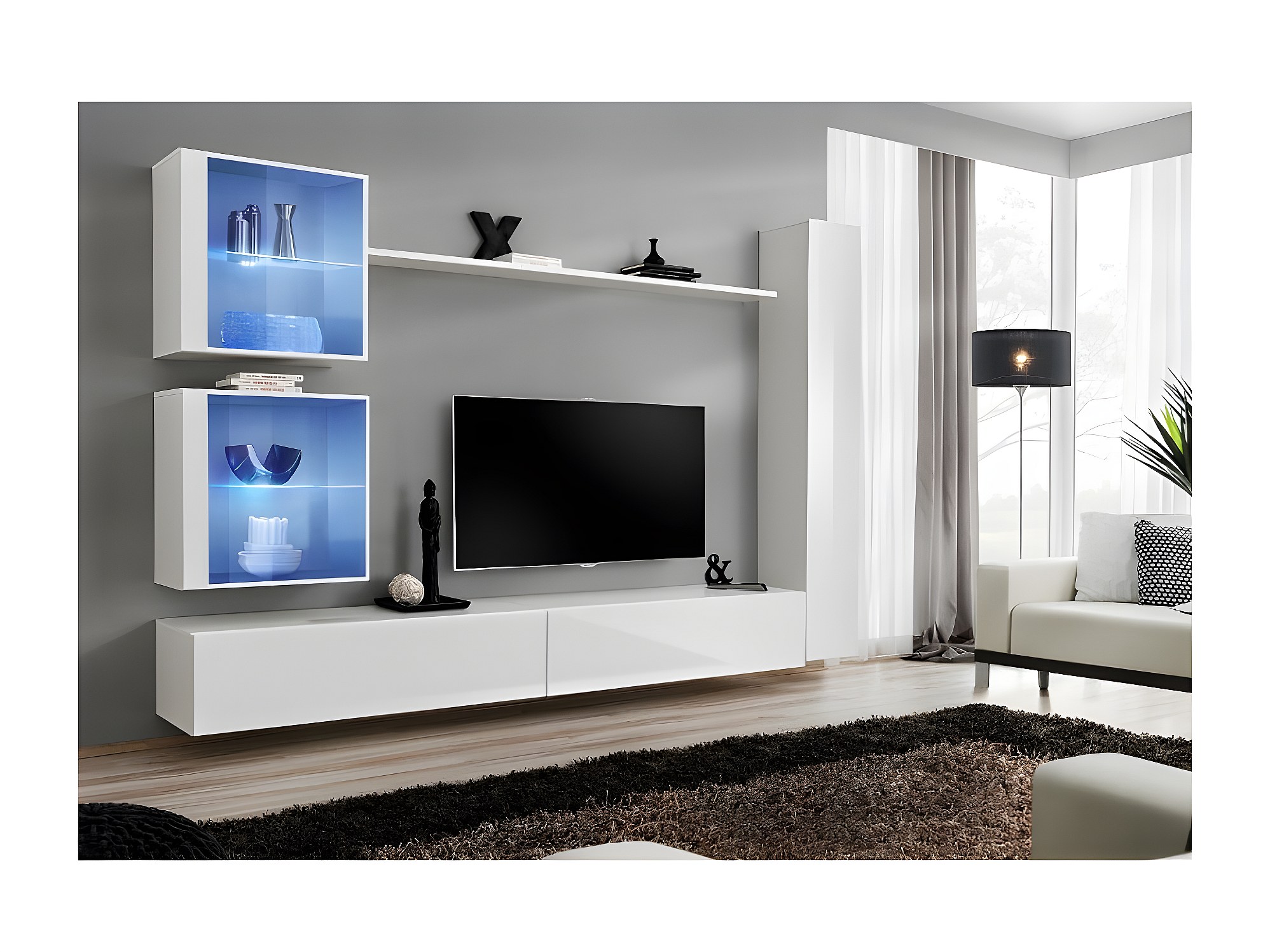 Ensemble meuble salon mural SWITCH XVIII design, coloris blanc brillant.
