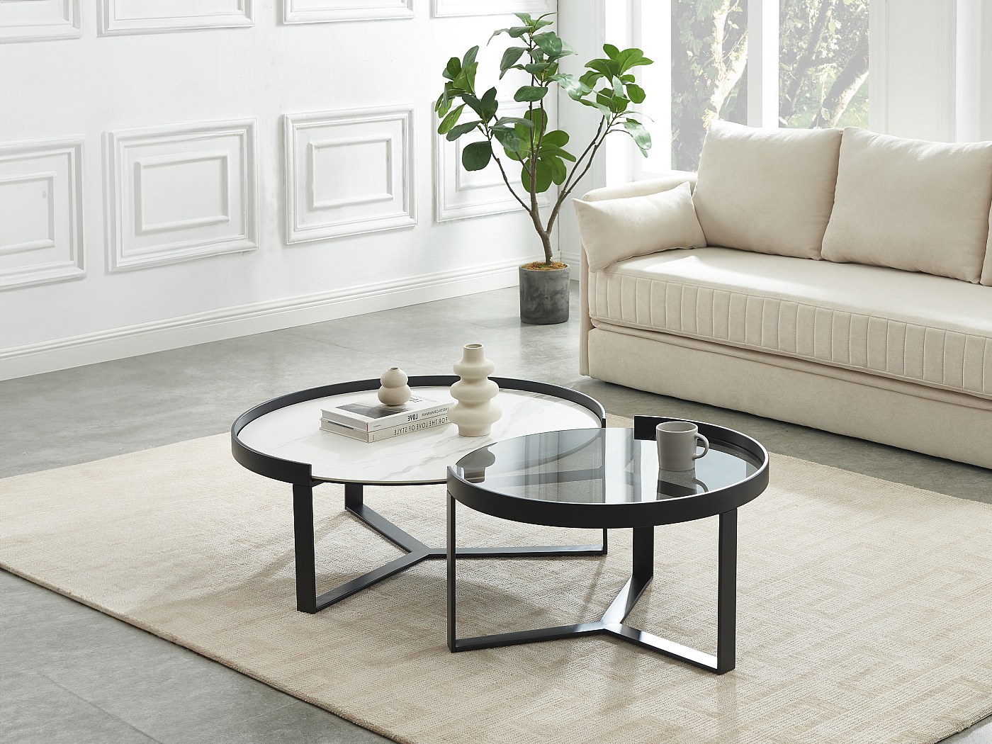 Tables basses gigognes en verre, céramique et métal - Effet marbre ...