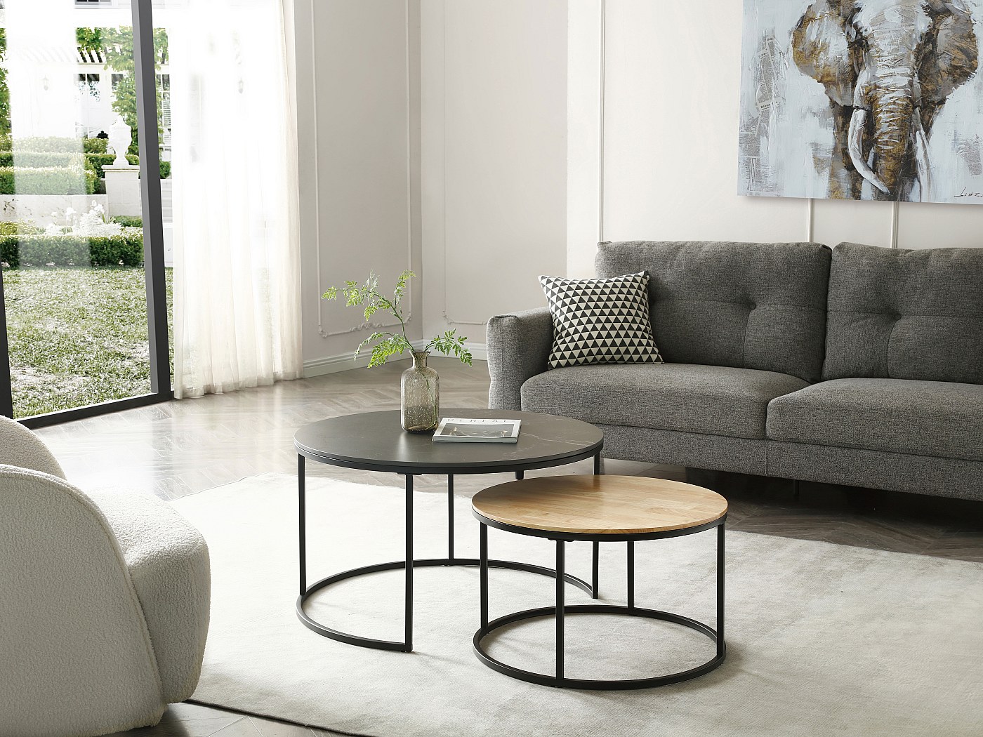 Tables basses gigognes hévéa, céramique et acier - Effet marbre noir et ...
