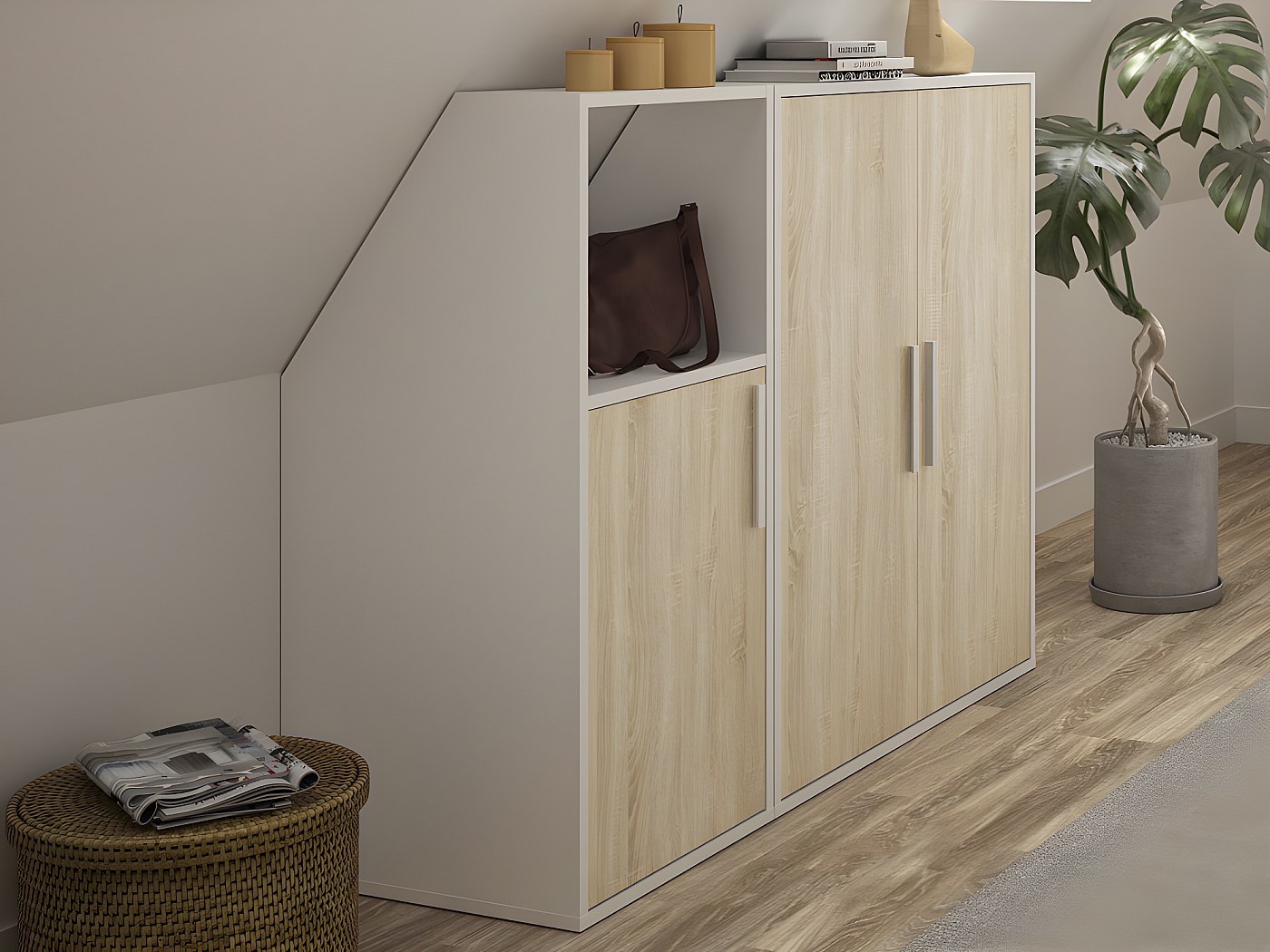 Meuble sous pente 3 portes et 1 niche coloris blanc et naturel - ADEZIO