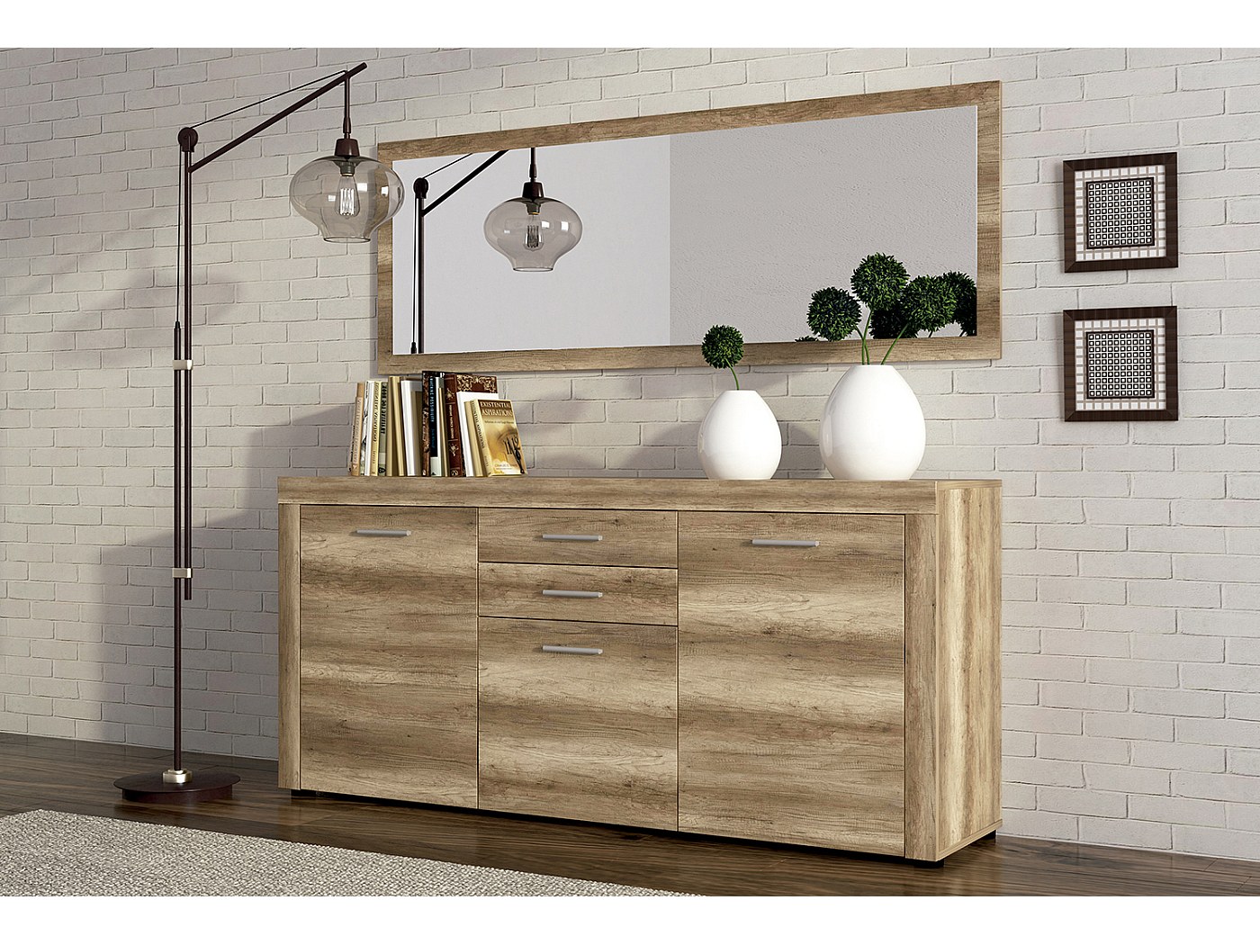 Buffet, meuble de rangement avec miroir coloris chêne vieilli