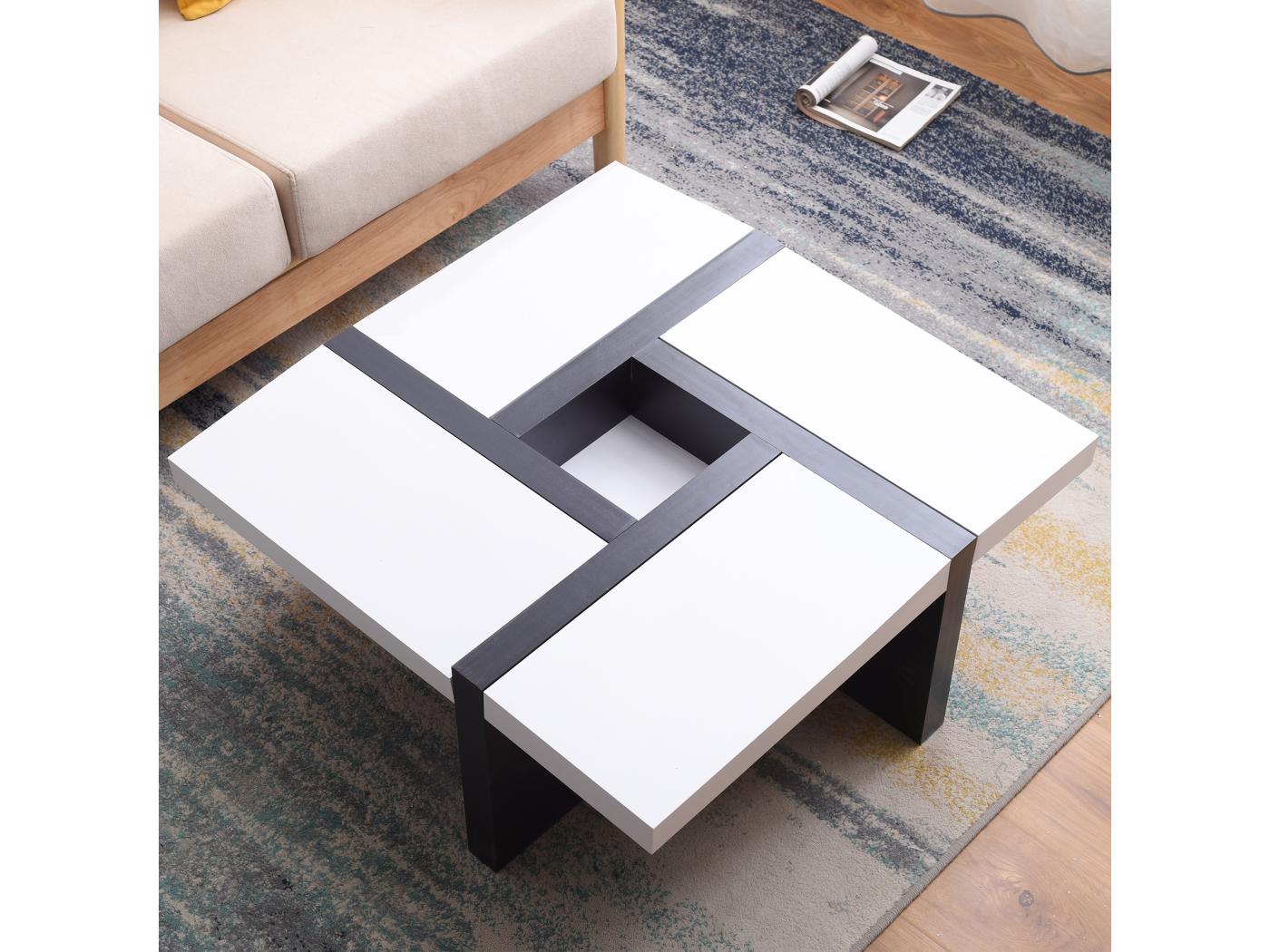 Table Basse Carre Bois Noir Blanc Design Contemporain 35x80x80
