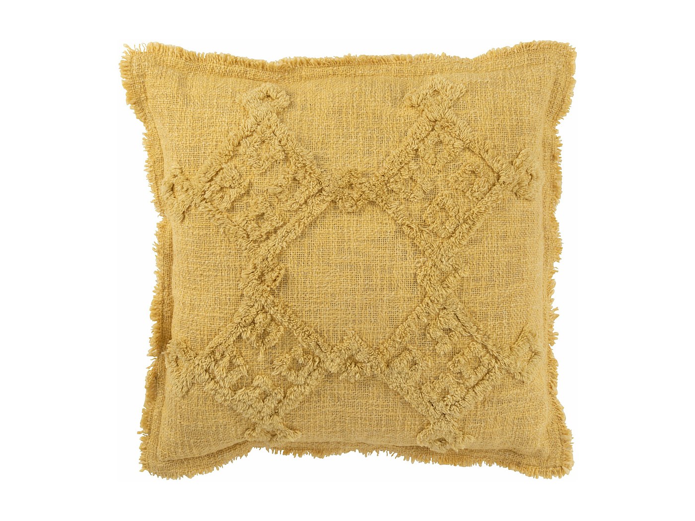 Coussin franges coton moutarde 50x50x10cm
