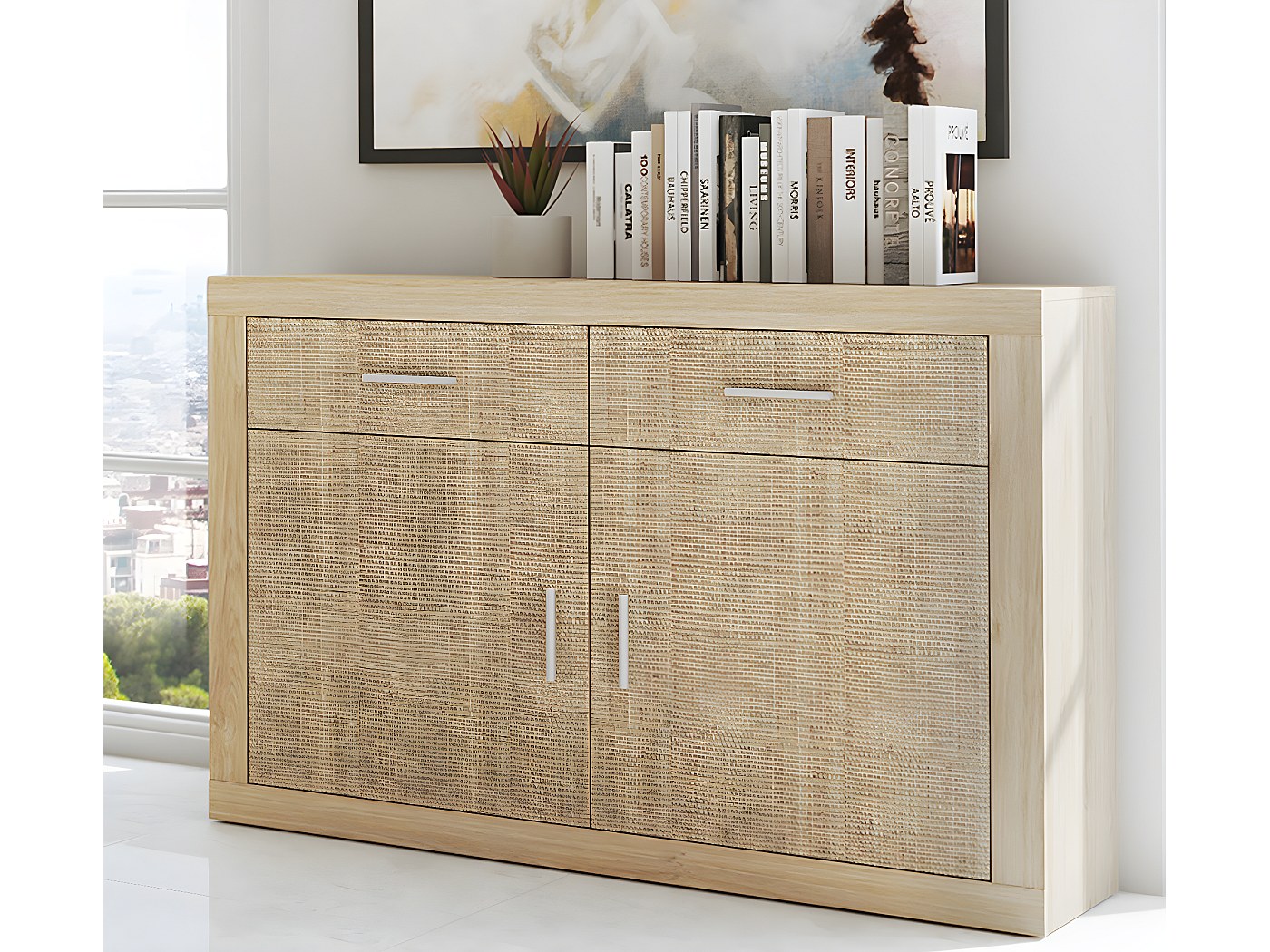 Buffet, meuble de rangement coloris chêne cambrian, effet textile ...