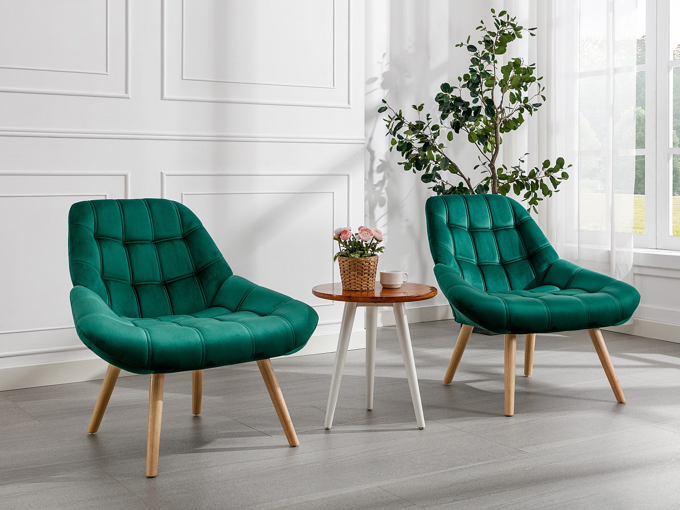 Fauteuil en velours vert style scandinave capitoné LUOSTO