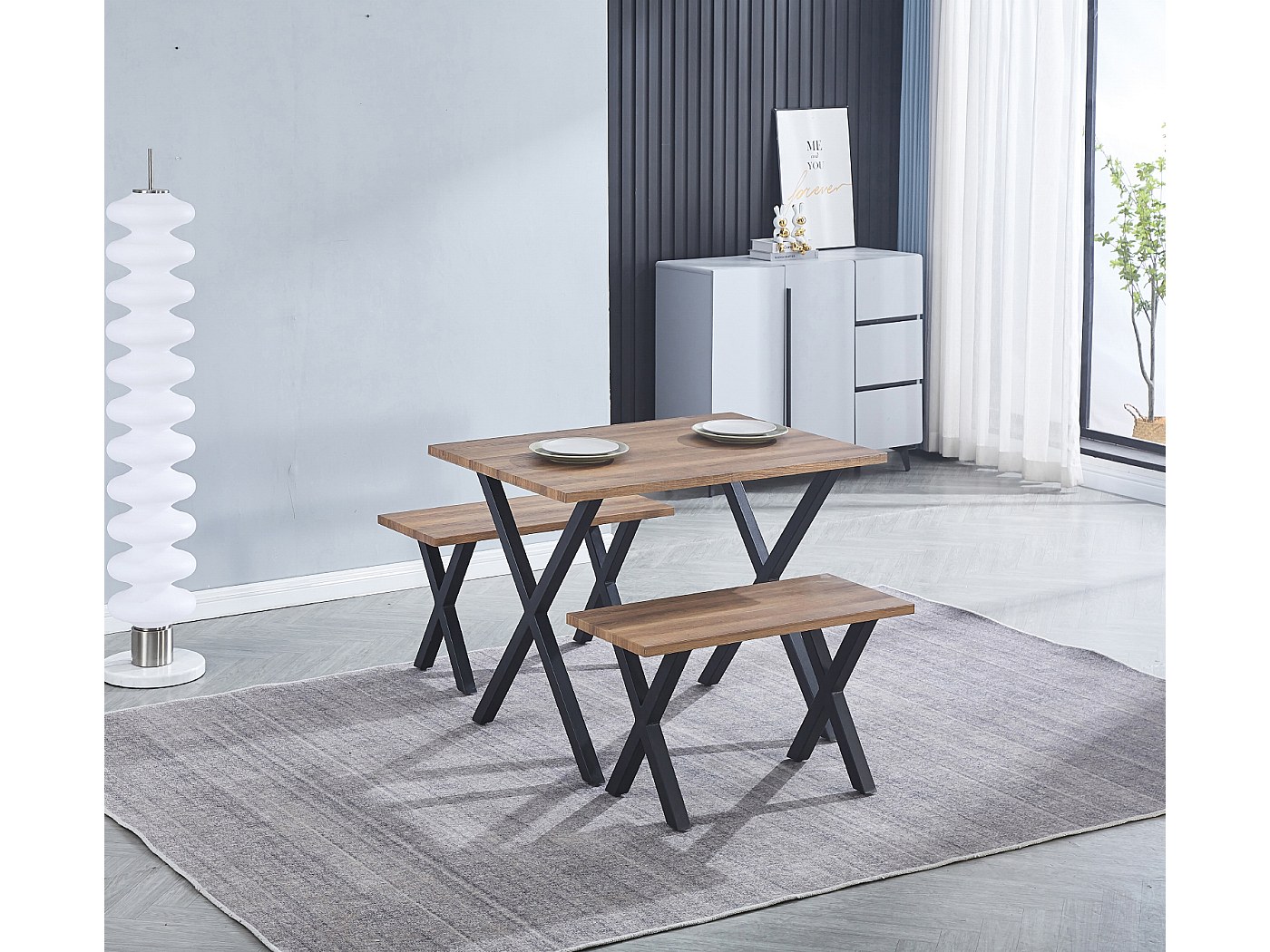 Ensemble de table de cuisine + 2 tabourets en MDF avec pieds en métal noir