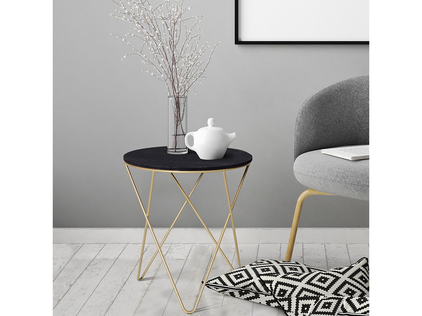 Table basse ronde design style art déco Ø 43 x 48H cm MDF noir métal doré