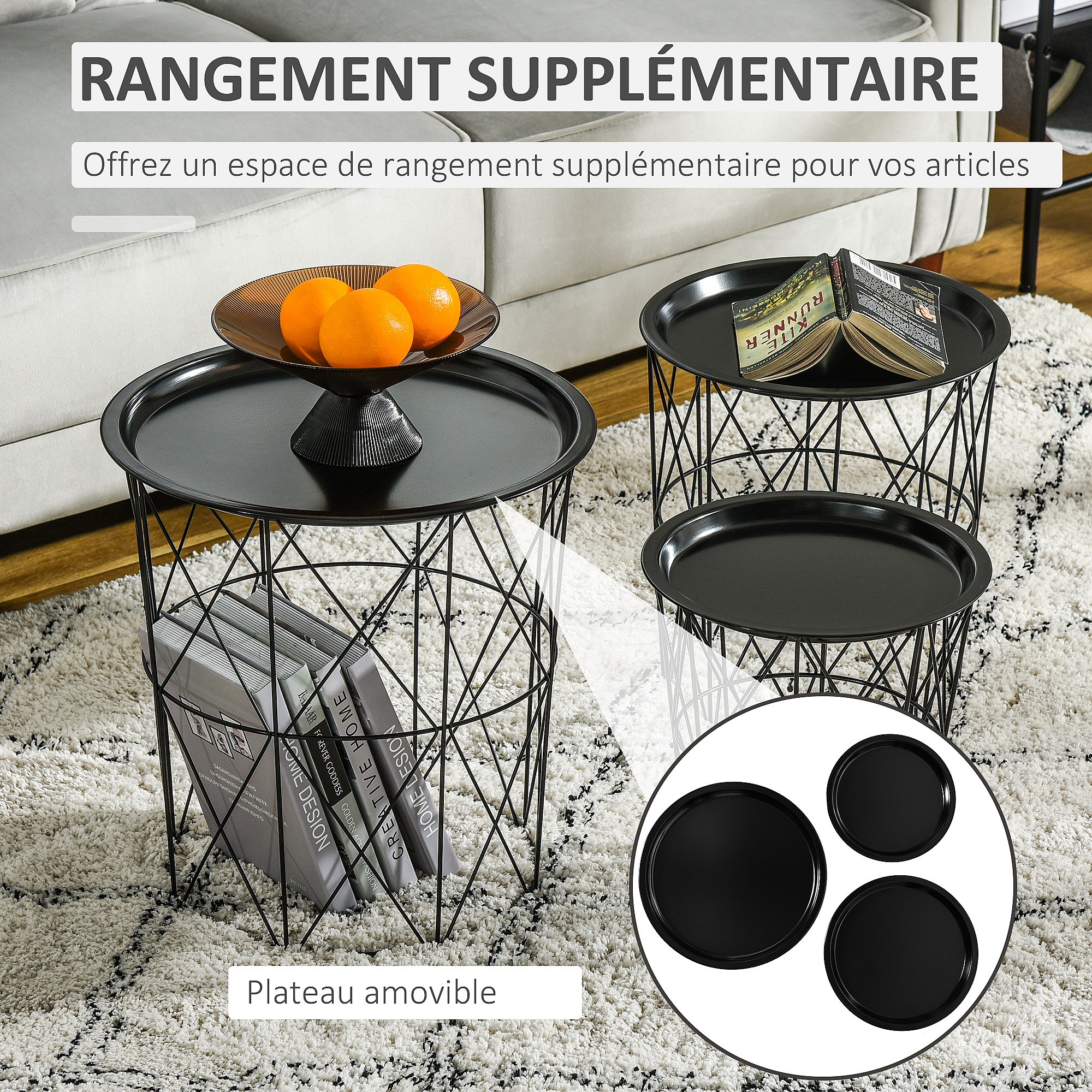 Lot de 3 tables basses gigognes tables d'appoint rondes encastrables ...