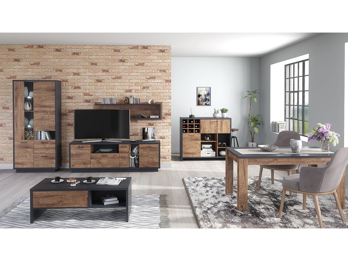 Ensemble de salon, meuble TV + vitrine avec LED + étagère murale + buffet + Table basse + table ...