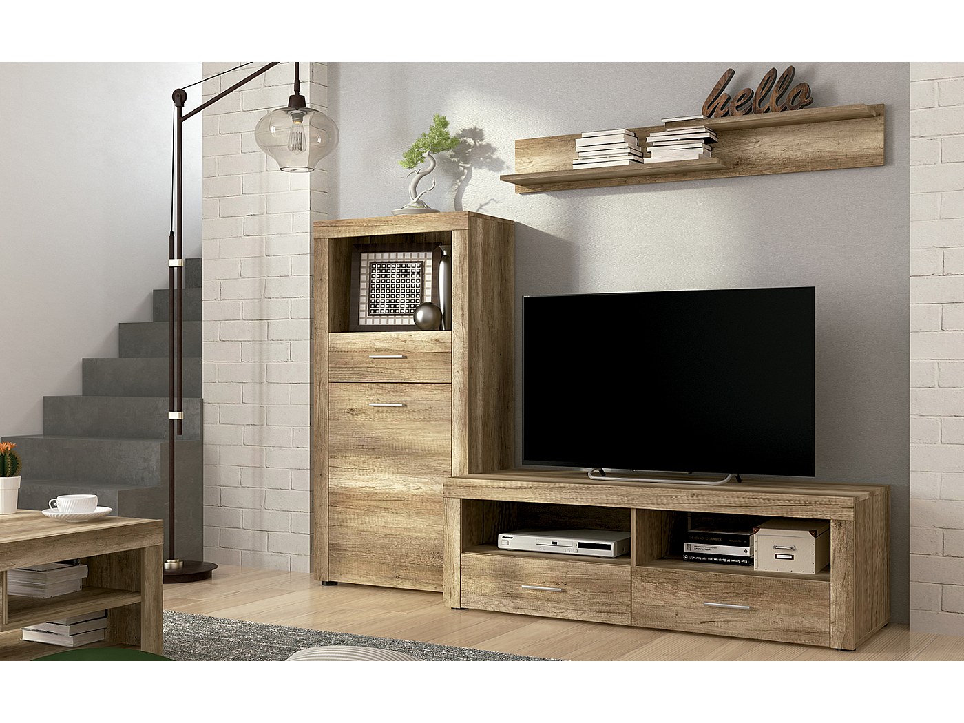 Ensemble de salon meuble TV + étagère murale + buffet coloris chêne ...
