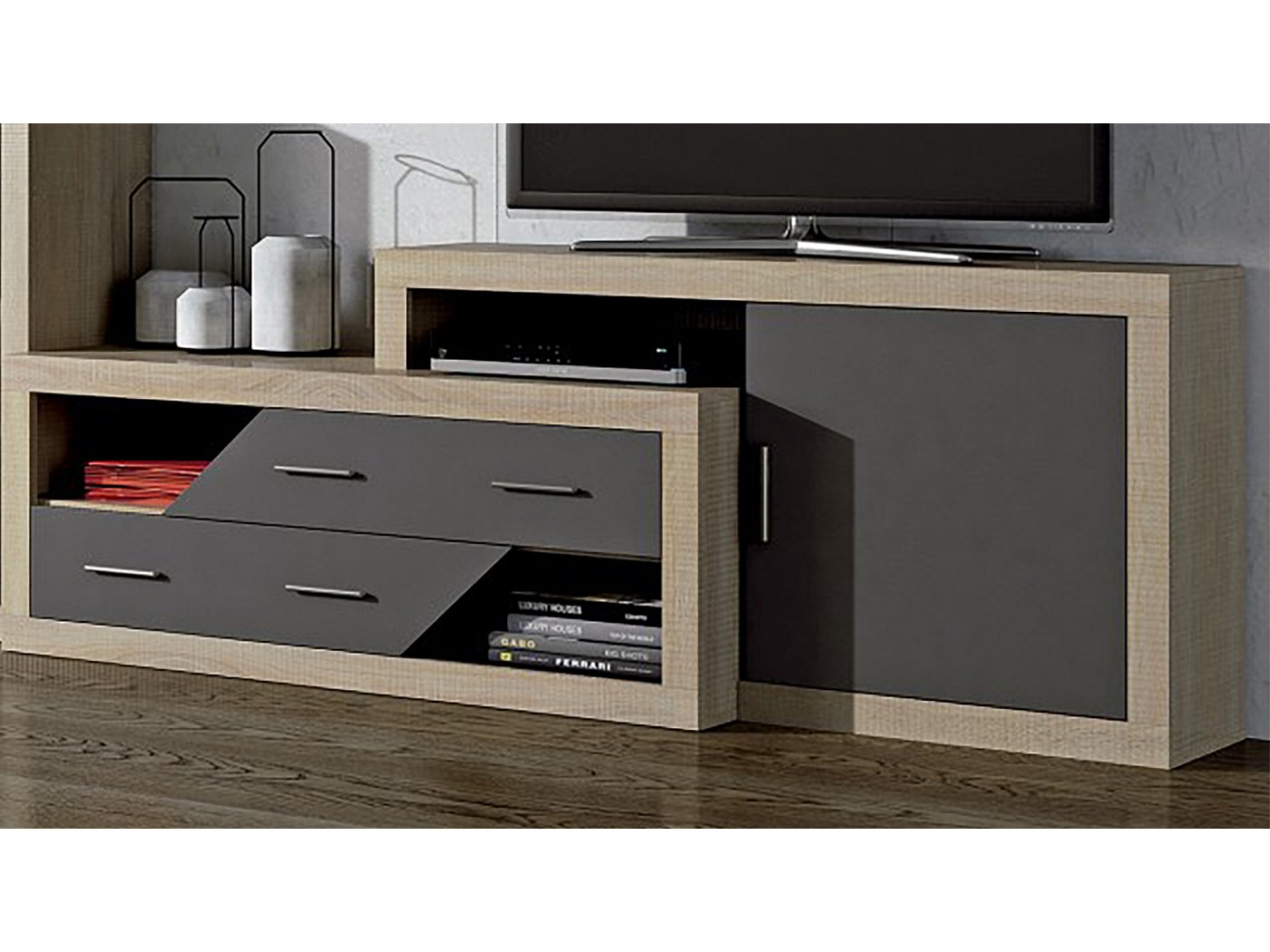 Ensemble meuble TV + Meuble bas 1 porte coloris chêne cambrian, graphite