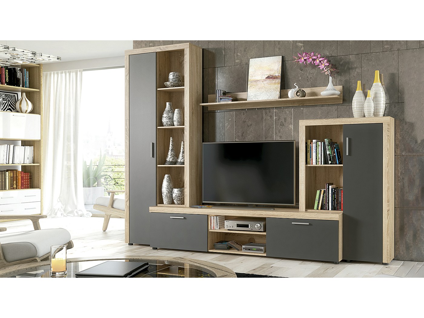 Ensemble de salon meuble TV + 1 étagère murale + vitrine haute + buffet bas coloris chêne ...