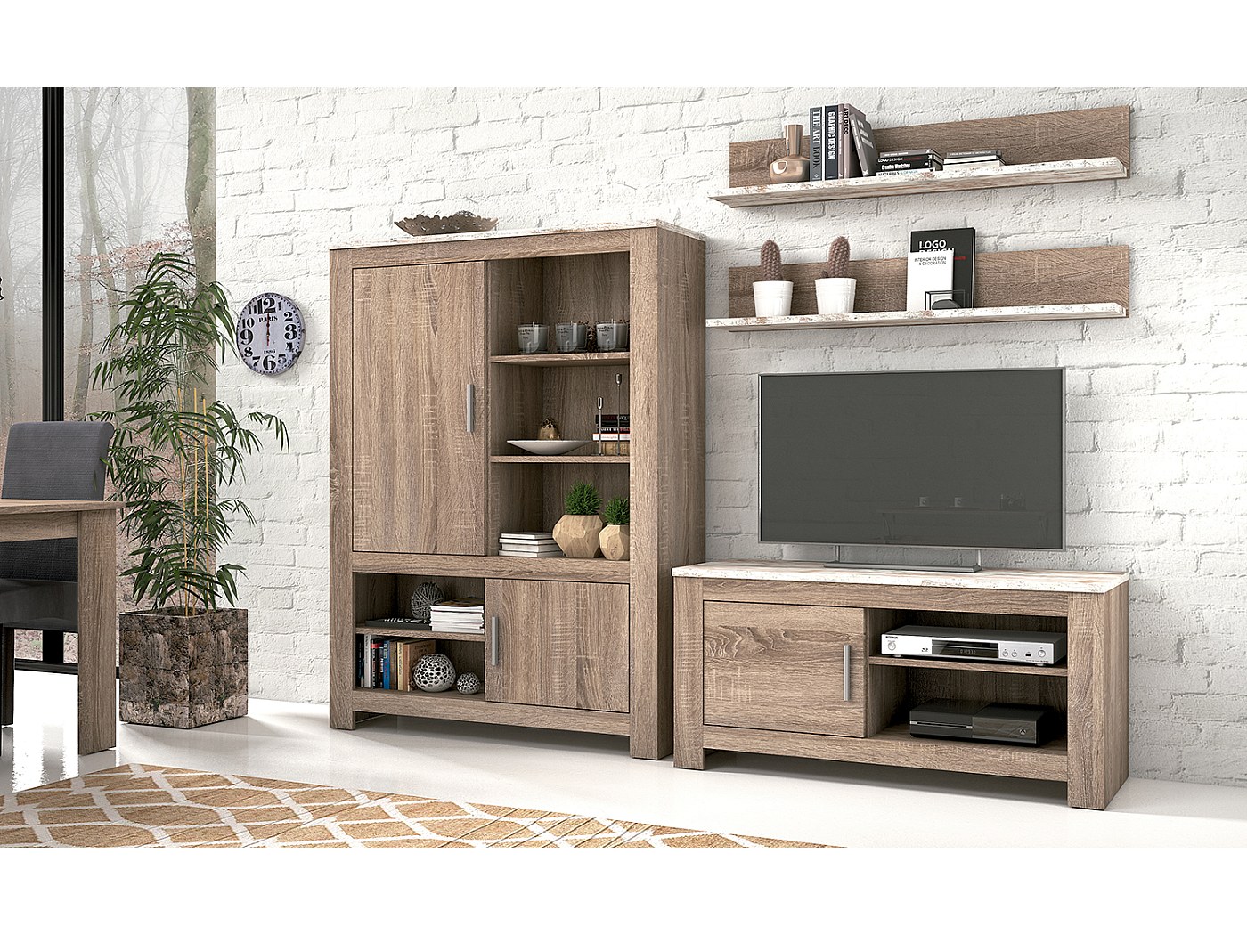 Ensemble de salon meuble TV, set de 2 étagères murales, buffet coloris Chêne truffé, blanc vieilli