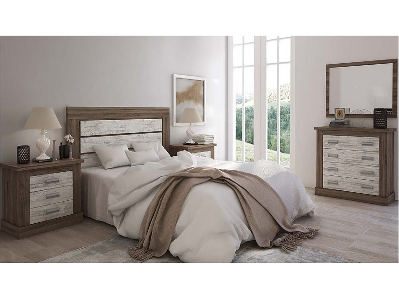 Ensemble chambre à coucher, tête de lit + 2 tables chevets + commode ...