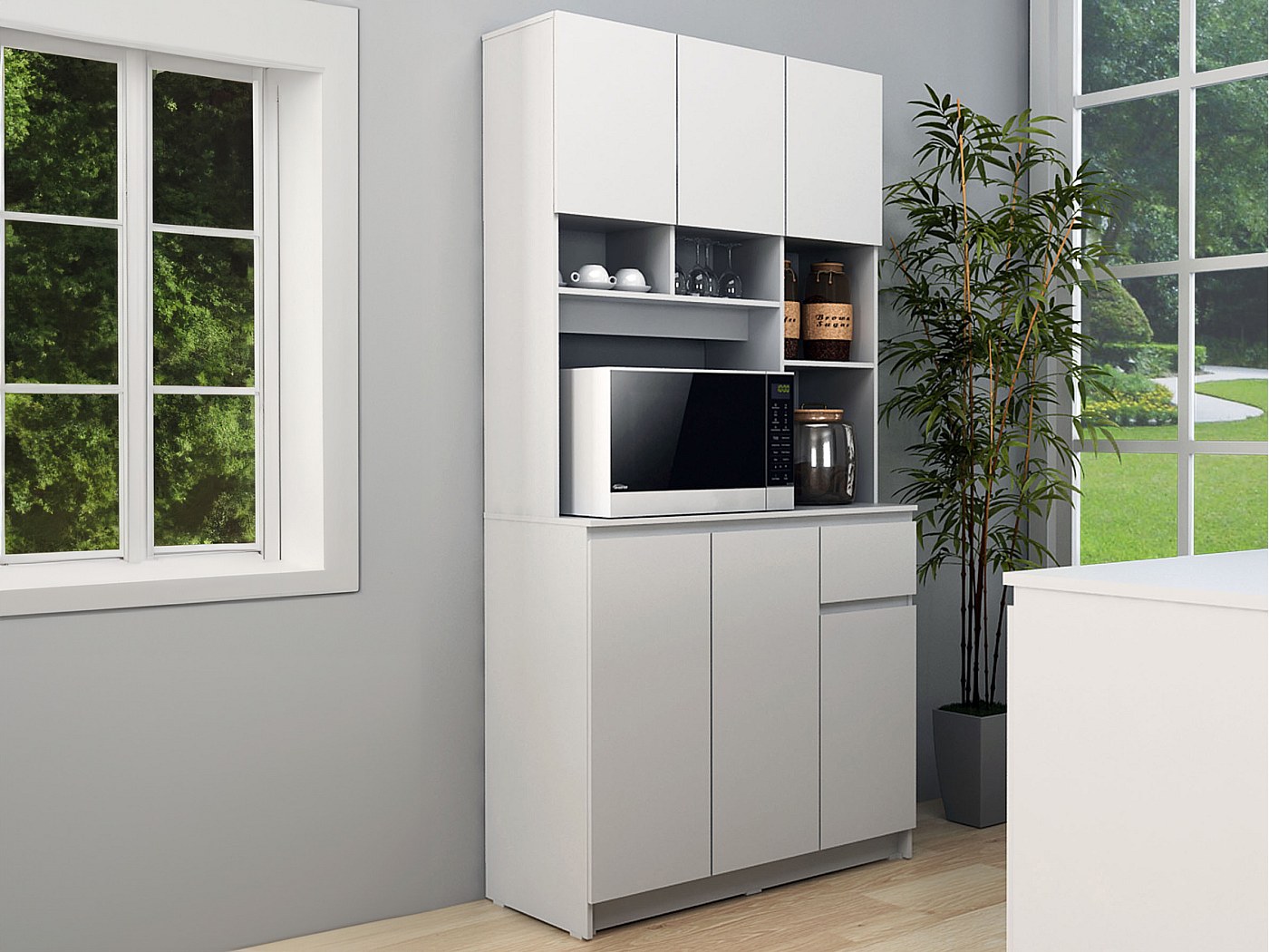 Buffet de cuisine avec 6 portes, 1 tiroir et 5 niches - Blanc - NIZALI