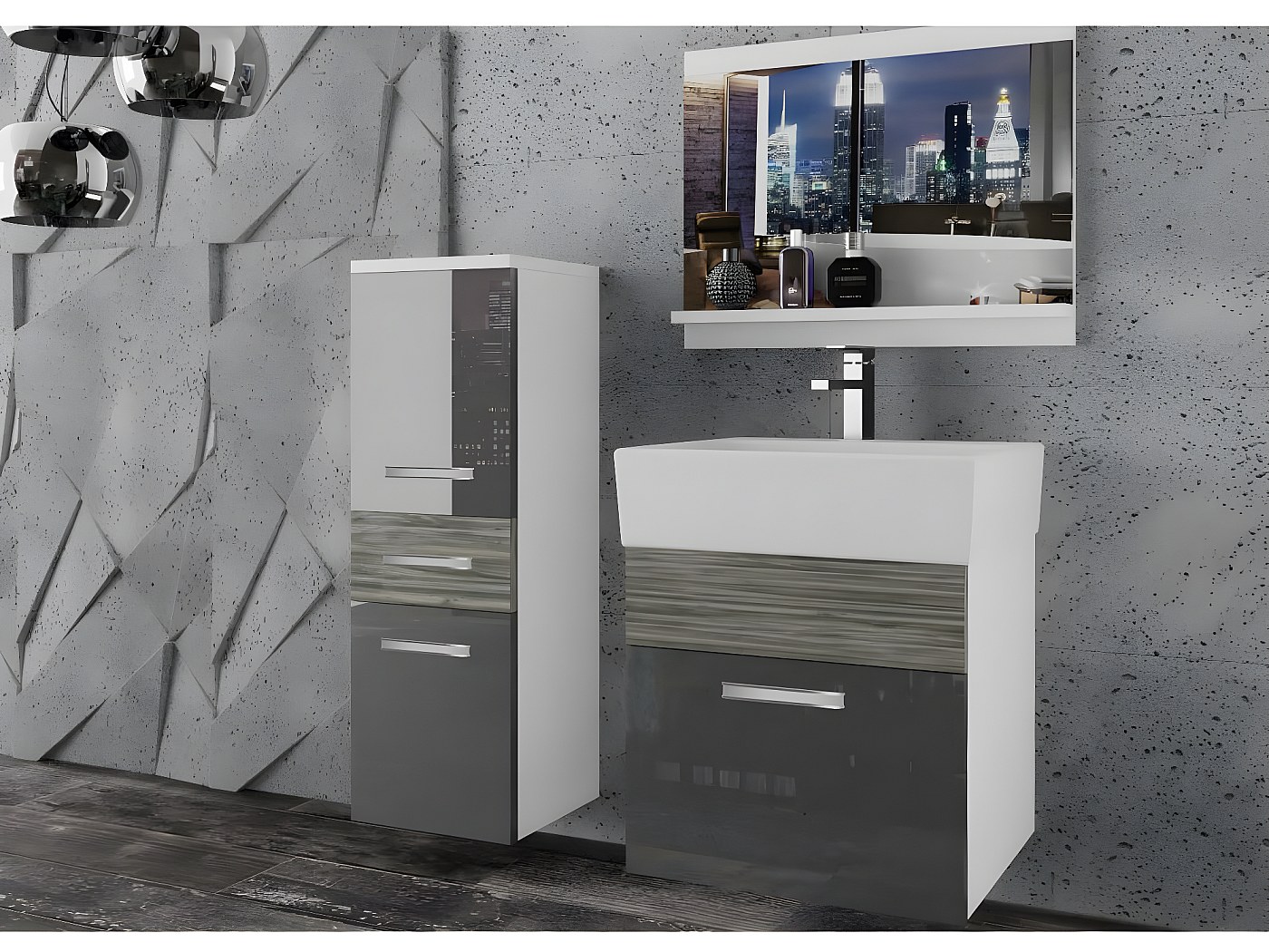 CLINE - Set bagno - 4 pz - Pensili - Lavabo in porcellana bianca