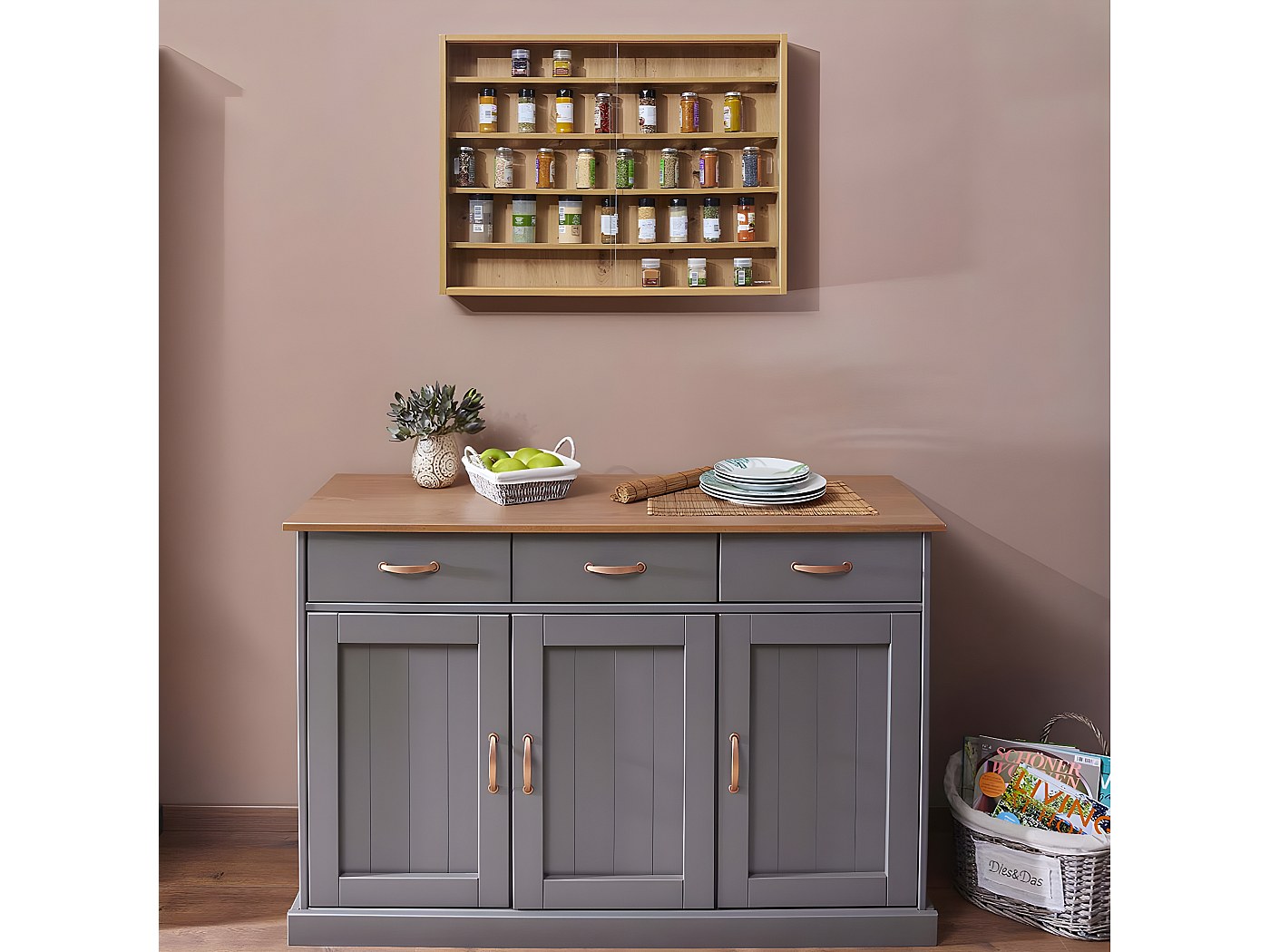 MELINA - Pack Buffet 3 Portes + Vitrine Murale Aspect Chêne Artisan