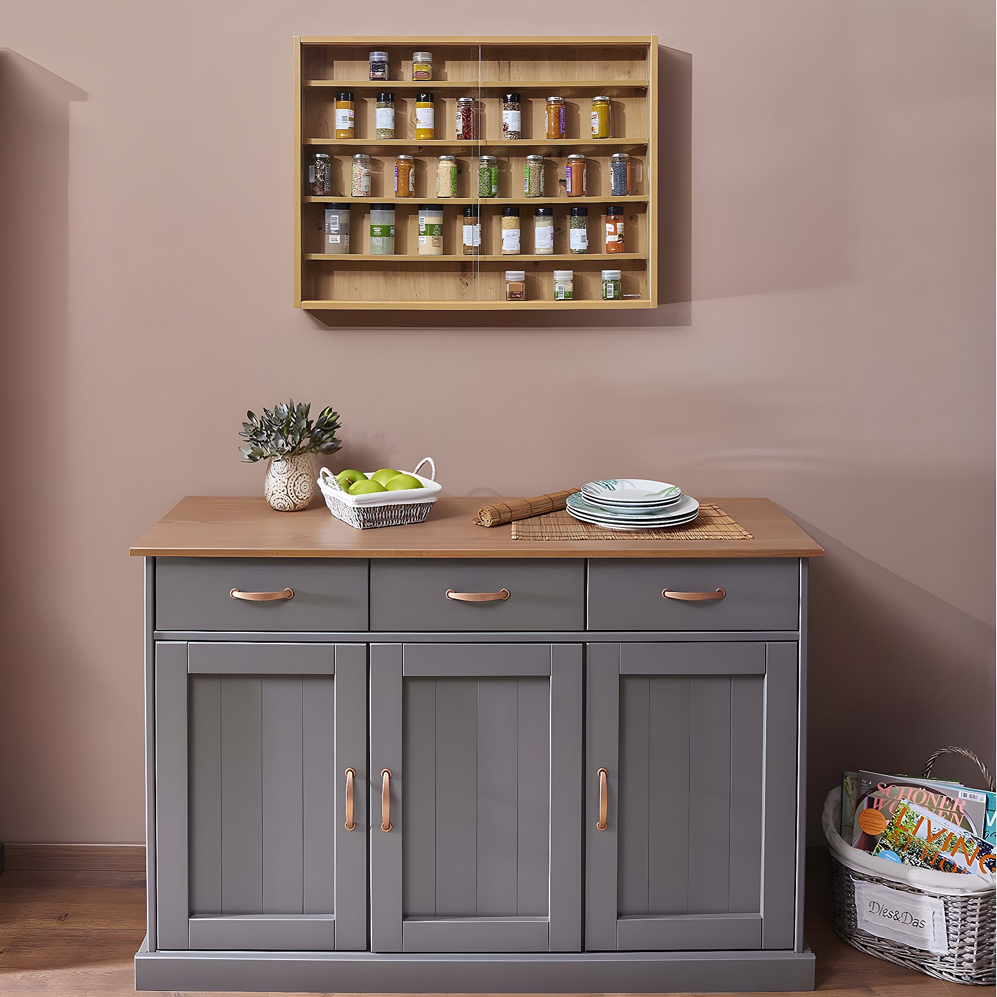 MELINA - Pack Buffet 3 Portes + Vitrine Murale Aspect Chêne Artisan