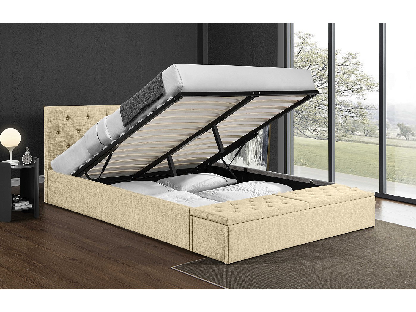 Boks Lit Lin Sable 160 x 200 cm - 3 Coffres