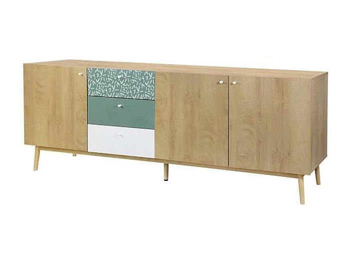 Buffet - Décor chene et vert - Pieds en bois massif - 3 portes + 3 ...