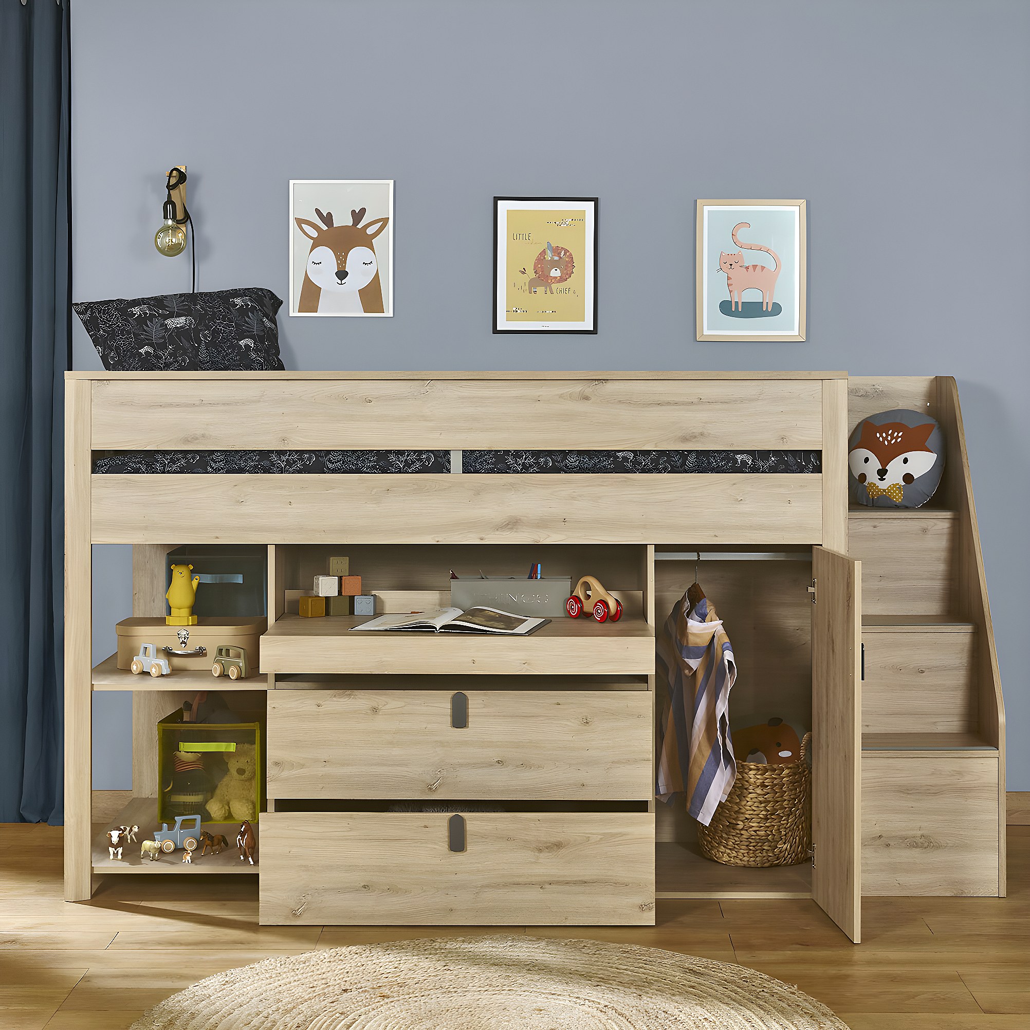 Pack lit mi-hauteur combiné avec matelas Miga Bois 90x200 cm