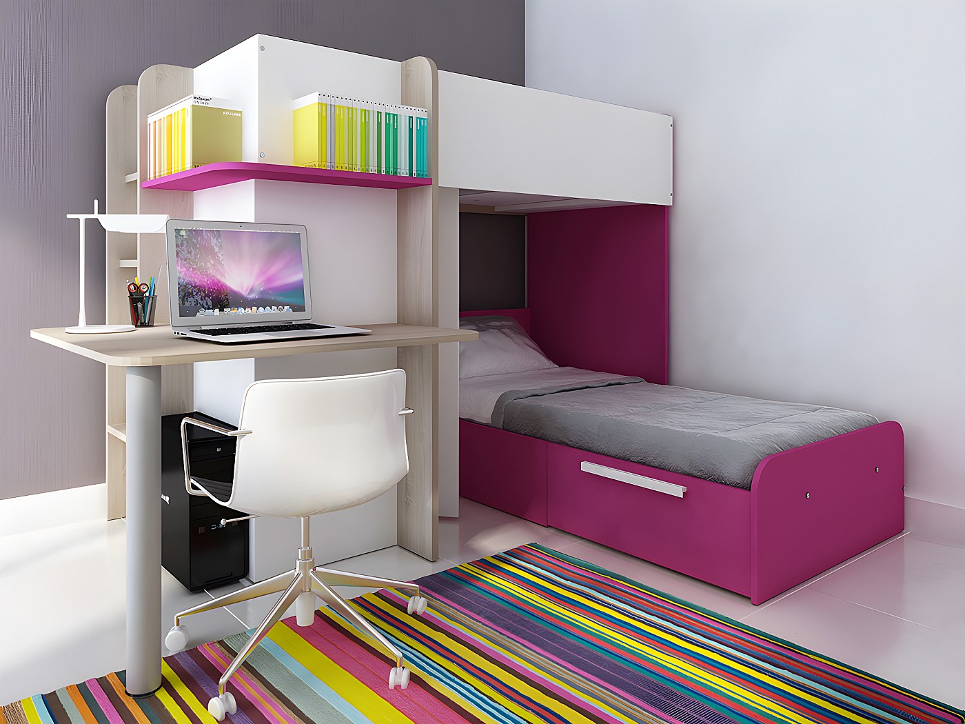Łóżka piętrowe - 2x90x190cm - Wbudowane biurko - Biała i różowa sosna ...